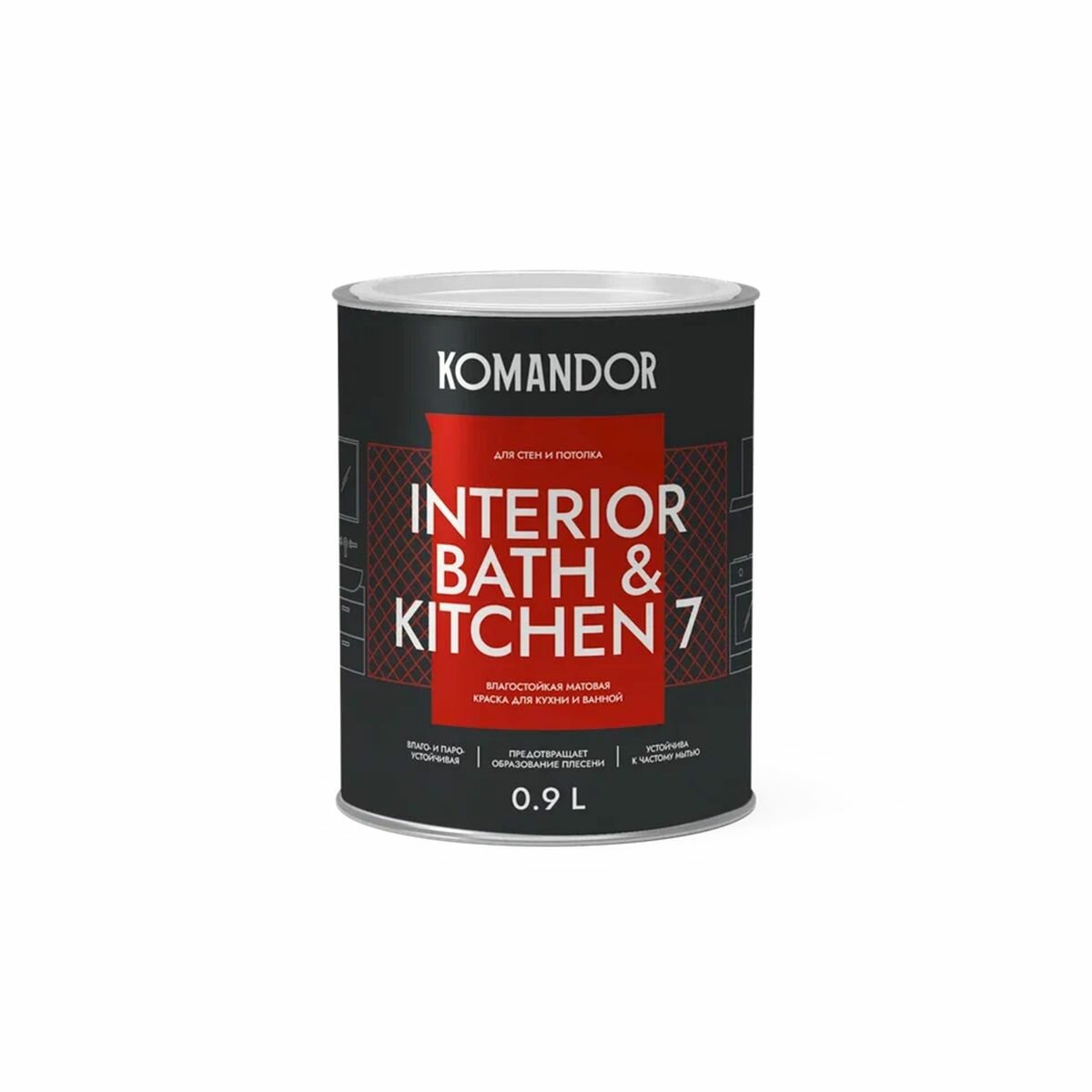 Краска для стен и потолков Komandor INTERIOR BATH&KITCHEN 7, влагостойкая, база А, 0.9 л