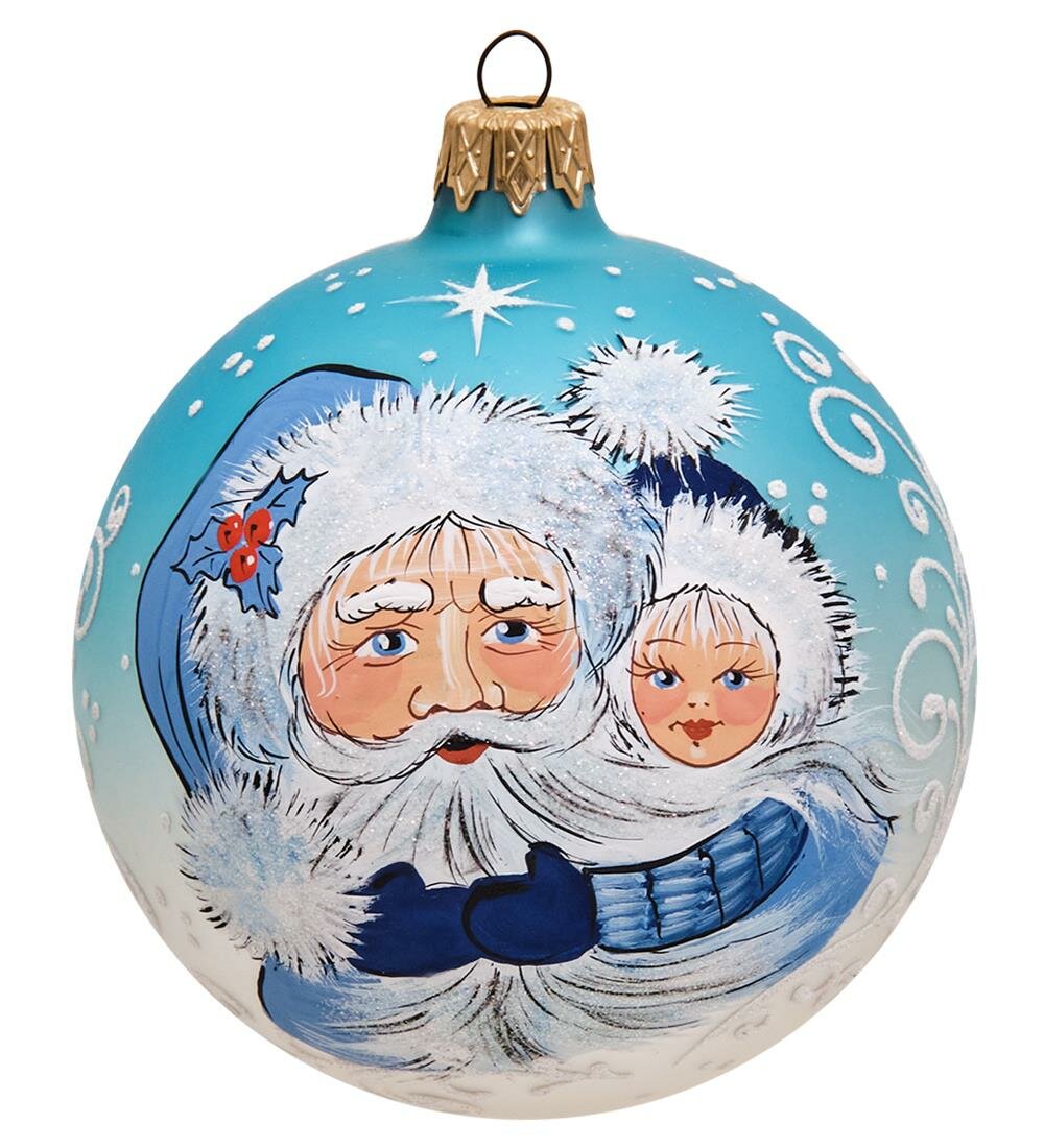 Елочное украшение Шар "Дед Мороз со Снегурочкой" голубой 100 мм A2180311 Элита, Стекло