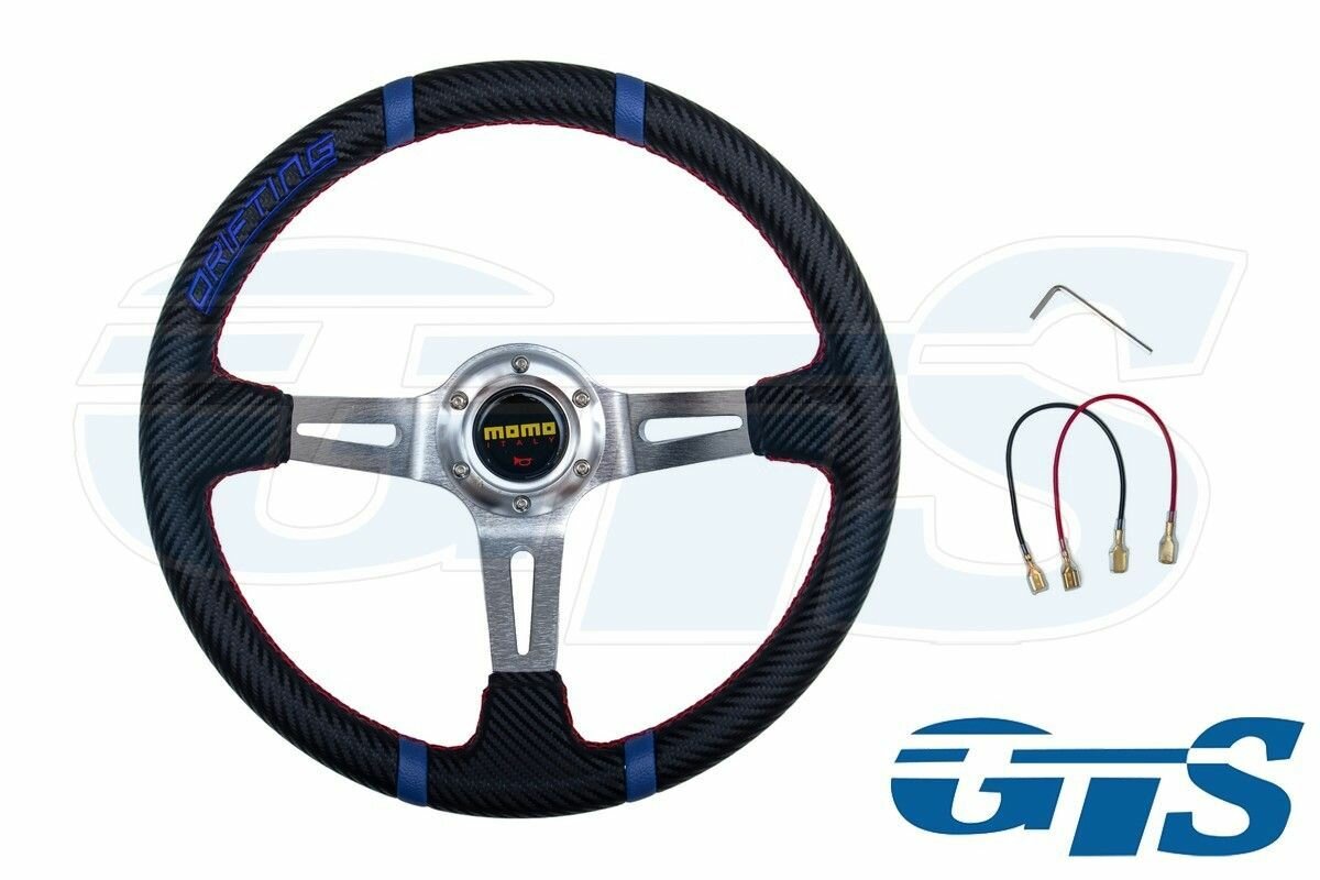 Руль MOMO карбон, синий (вышивка DRIFTING, ступица хром) ES-01705