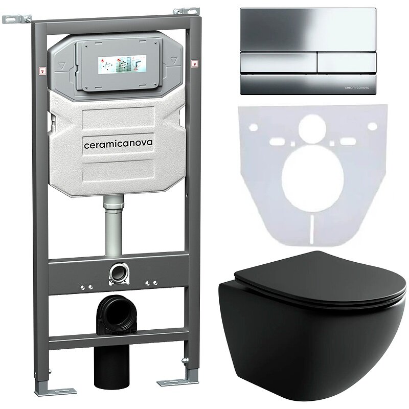 Комплект инсталляции 4 в 1 Ceramicanova (Керамиканова) Подвесной унитаз Metropol Rimless арт. CN4002MB + Шумоизоляционная панель для инсталляции арт. CN1000 + Система инсталляции для унитазов CERAMICANOVA Envision с кнопкой смыва Flat цвет хром, крепления