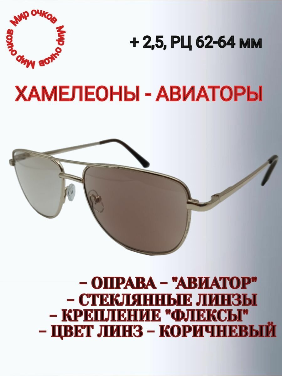 Очки с фотохромными линзами мужские "хамелеоны" , стекло, РЦ 62-64 мм, +2,5