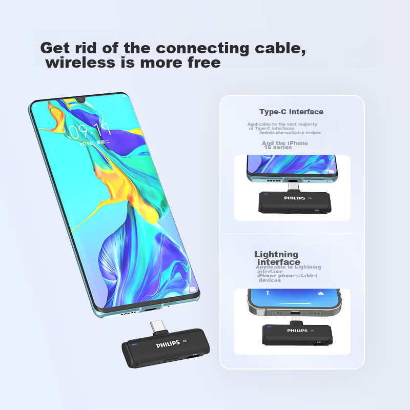PHILIPS беспроводной лавалерный микрофон с двумя приемниками Type-C прямое подключение для мобильного стриминга