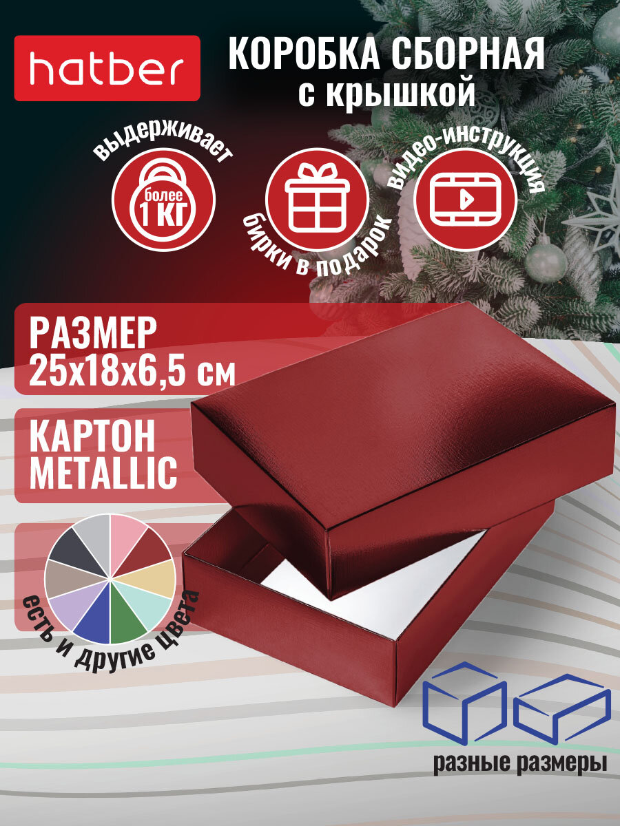 Коробка картонная с крышкой сборная 250х180х65 мм, прямоугольная, тиснение METALLIC Красная