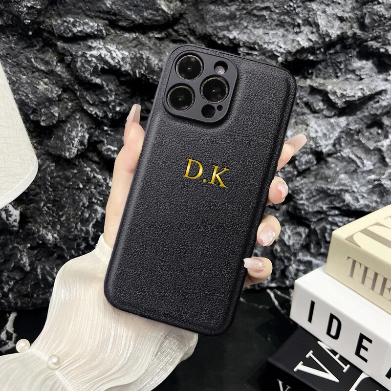 Индивидуальный чехол с персонализированным именем и инициалом для iPhone 17, 16, 15, 14, 13, 12, 11 Pro Max 14 Plus 17, роскошный корейский кожаный чехол black, For iPhone 15ProMax