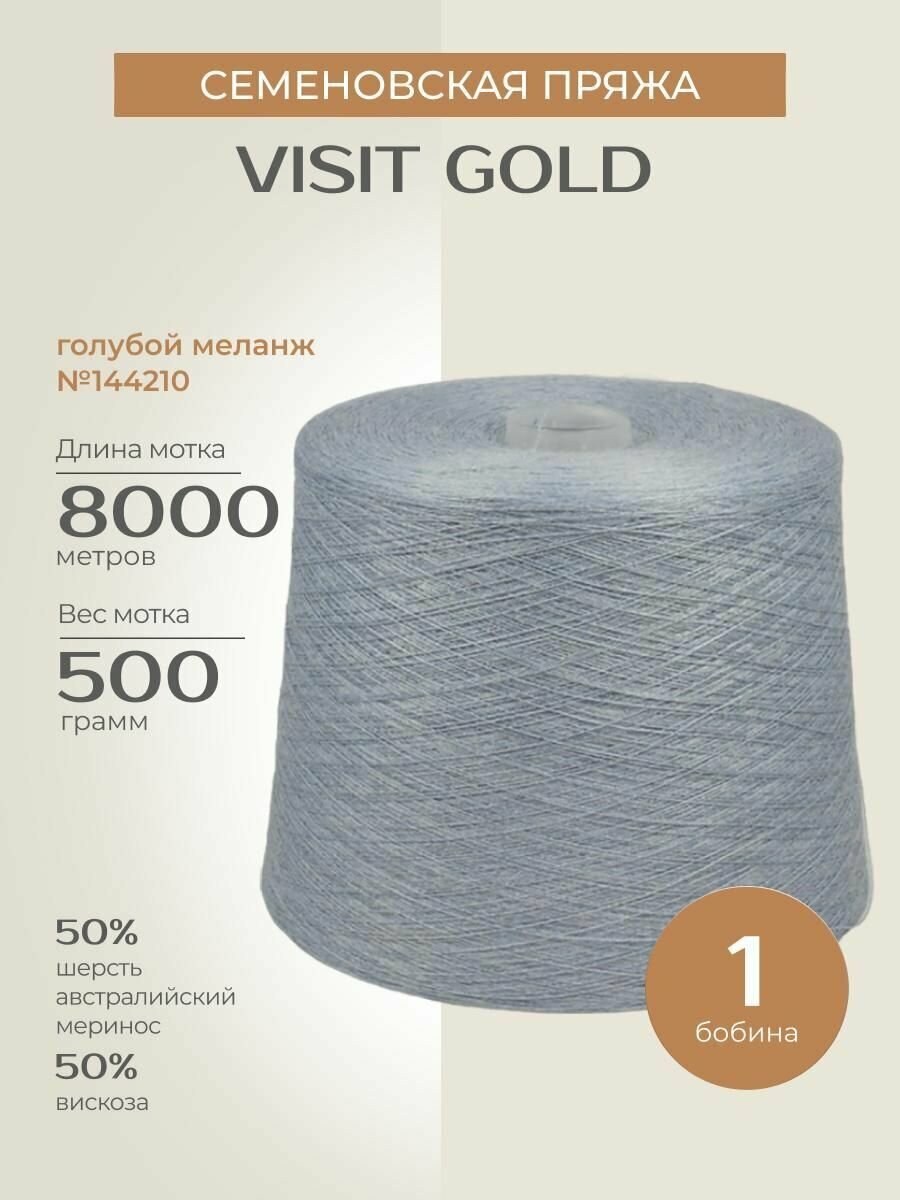 Бобинная пряжа для вязания спицами, крючком и машиной Семеновская "Visit gold" классическая тонкая, шерсть меринос вискоза, цвет: 144210 Голубой меланж, 1 шт по 500 г, 8000 м