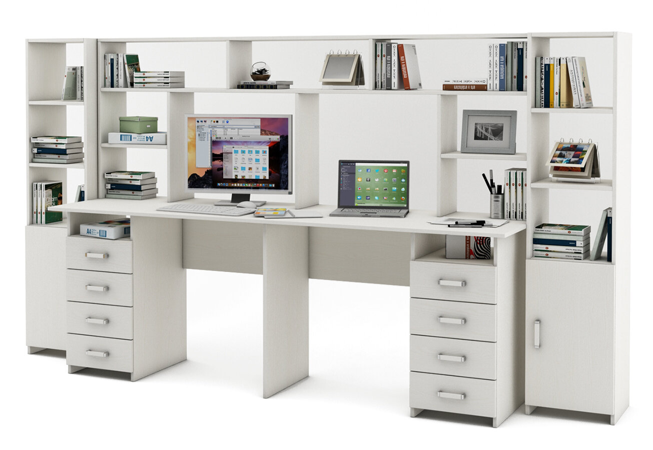 Стол письменный для школьника Лайт (Ньюкасл) 15, письменный стол и стеллажи, для двоих, ЛДСП, 278,4х149,2х60,0 см