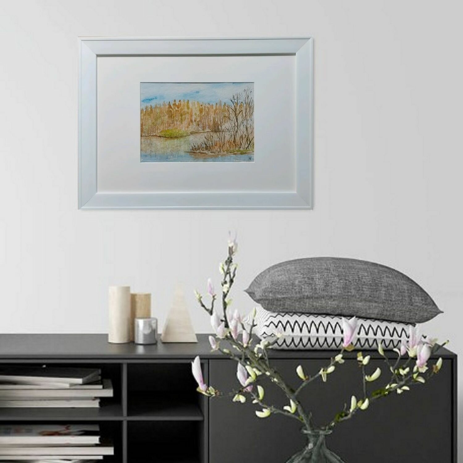 Картина акварельная авторская в раме и паспарту 21х30 см на стену для интерьера "Тованово в апреле".