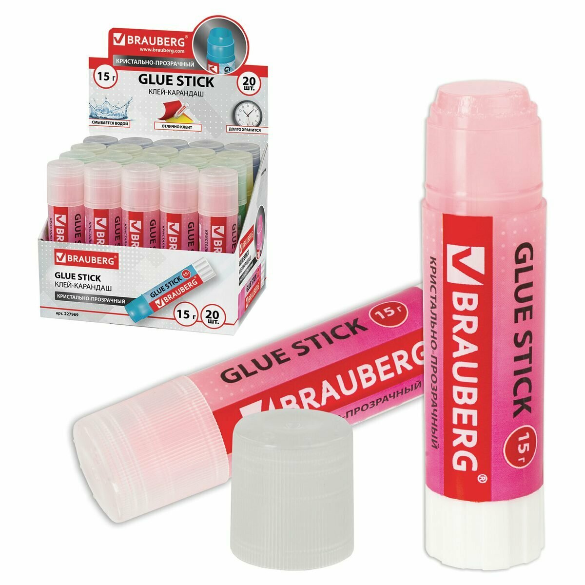 Клей-карандаш Brauberg Color Crystal, 15г, прозрачный, PVP-основа (227969), 20шт.