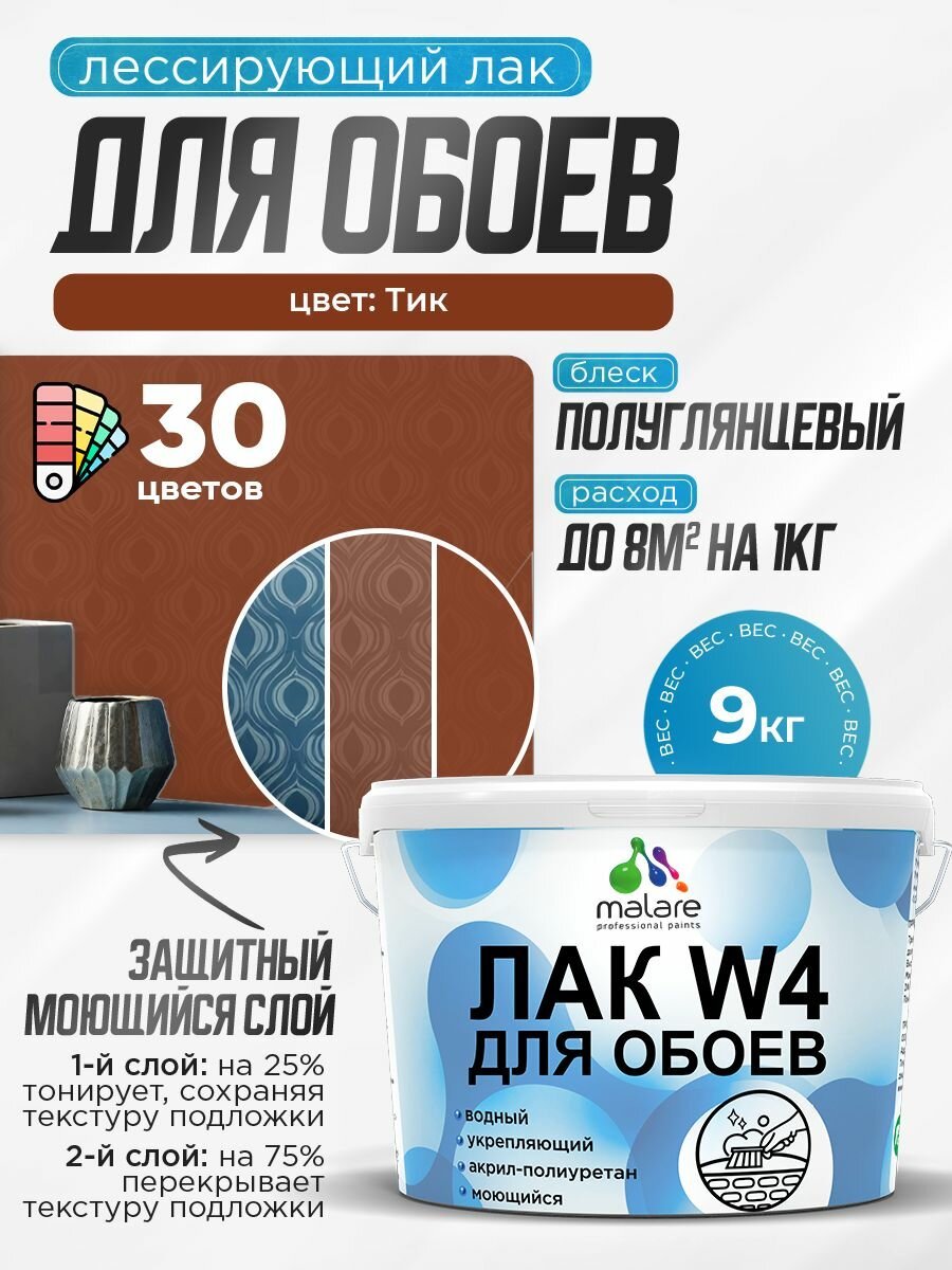 Лак колерованный тонирующий для защиты обоев Malare W4 универсальный для дерева и минеральных поверхностей, водный без запаха быстросохнущий, полуглянцевый, тик, 9 кг.