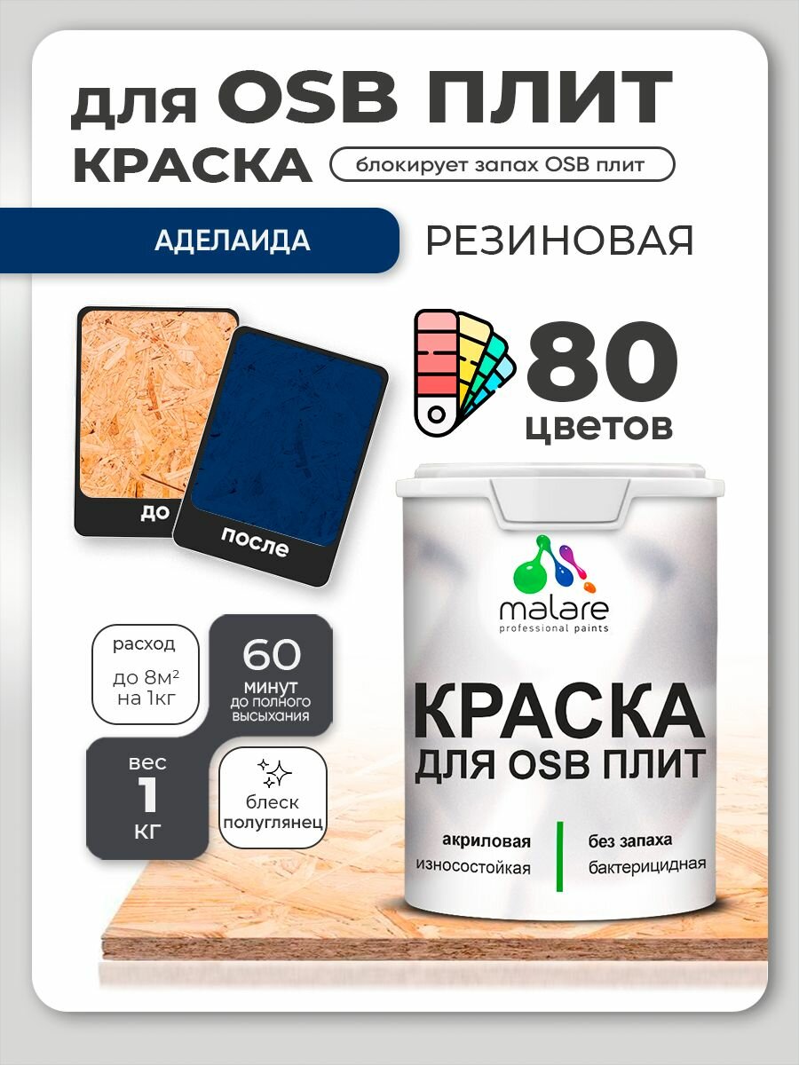 Резиновая краска для ОСБ плит Malare акриловая краска для дерева для наружных и внутренних работ, быстросохнущая без запаха полуглянцевая, аделаида, 1 кг