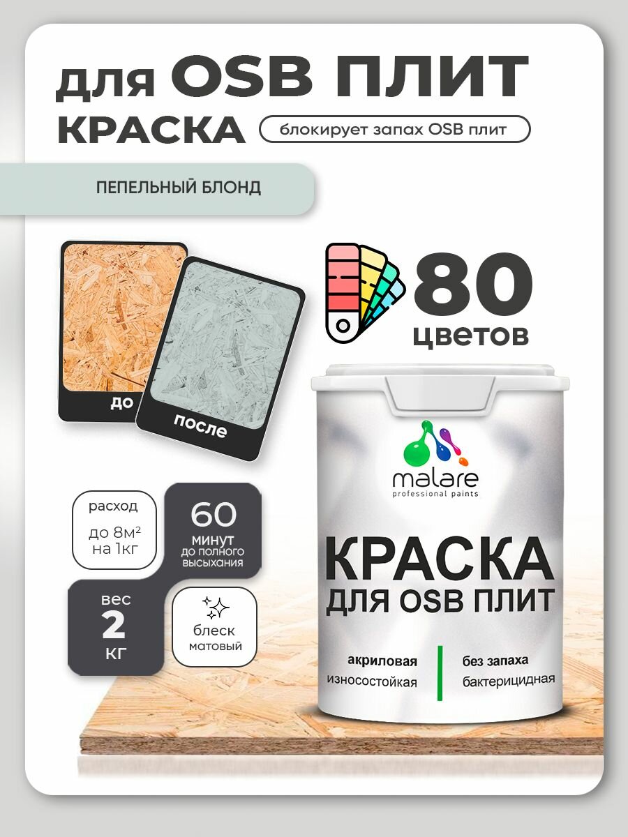 Акриловая краска для ОСБ плит Malare для дерева для наружных и внутренних работ, быстросохнущая без запаха матовая, пепельный блонд, 2 кг