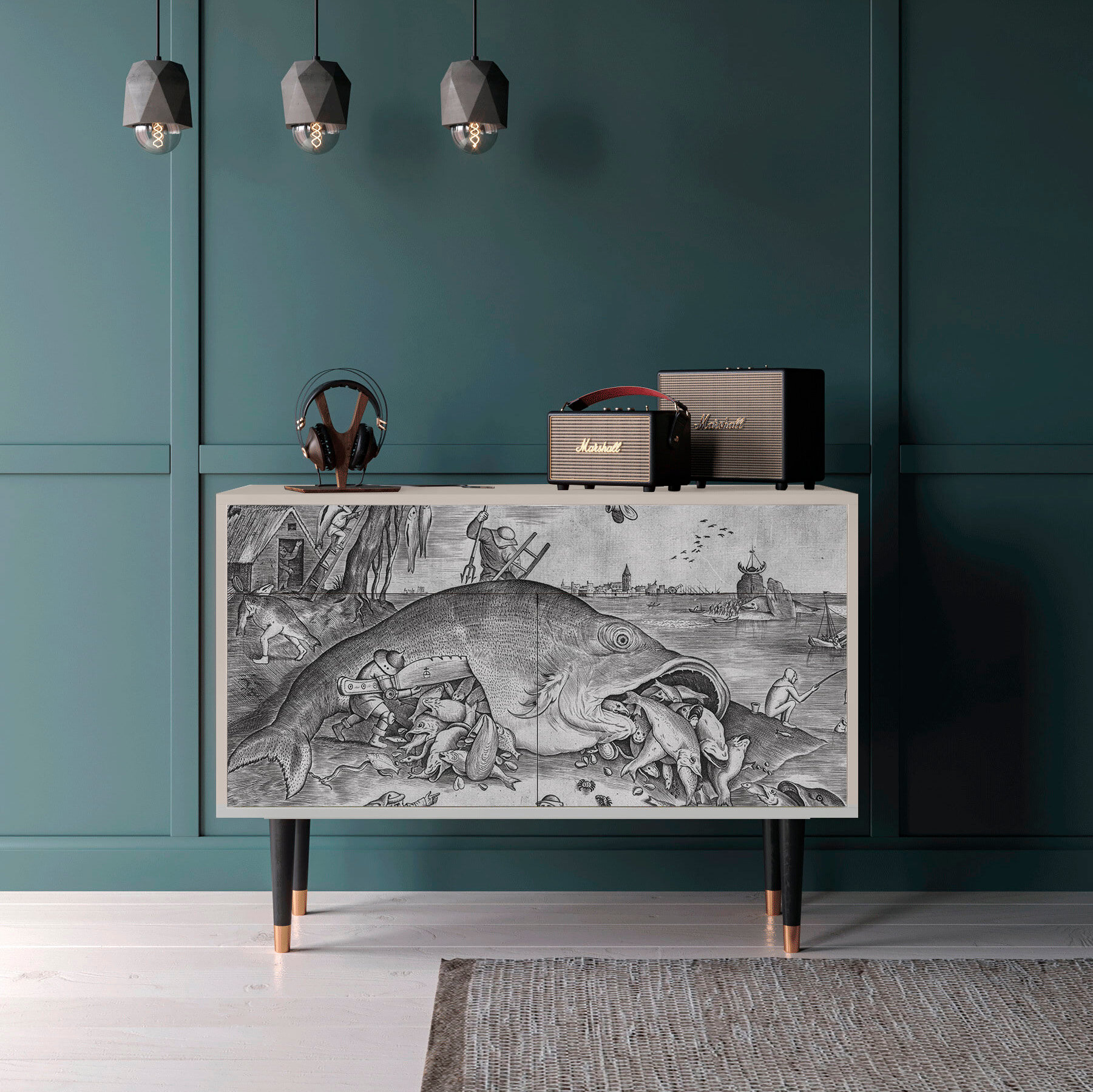Комод - STORYZ - BS4 Big Fish Eat Little Fish by Pieter Bruegel, Размер - 115 x 85 x 48 см, Цвет корпуса - Сатин