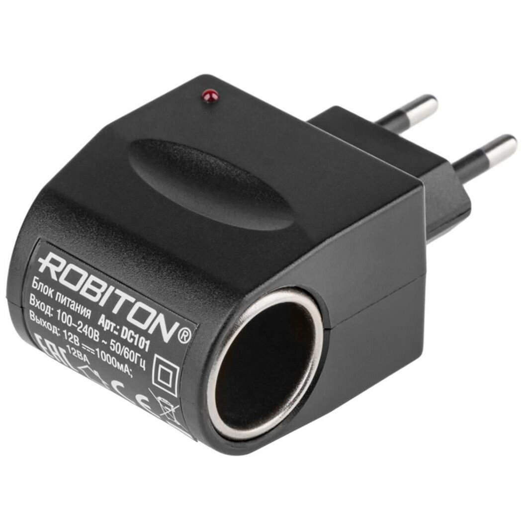 Блок питания с гнездом автоприкуривателя, импульсный адаптер ROBITON DC101 12В 1000мА