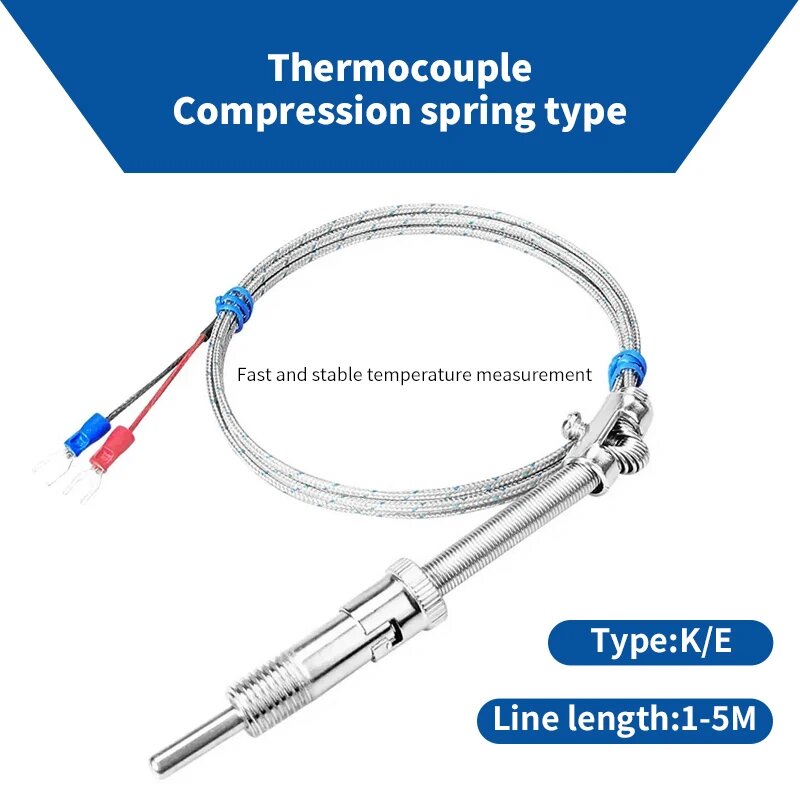 Тип К (0 ~ 600 ℃ ) E (0-400 ℃ ) Датчик температуры термопары с пружиной давления, термостойкость, высокая точность 5*30 мм M12 Type K 1M