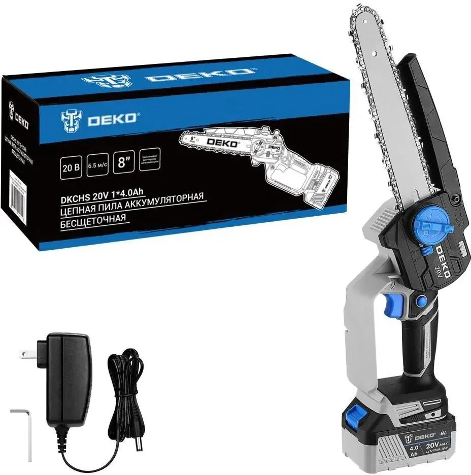 063-4483-1 / Цепная пила DEKO DKCHS, аккумуляторная, 20В, 4Ач, с одним аккумулятором [063-4483-1