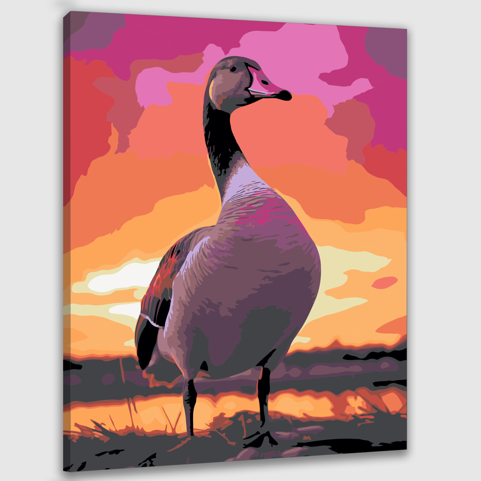 Картина по номерам 40x50 см, гусь, поле, закатное небо, силуэт, оранжевый, фиолетовый, розовый, достоинство