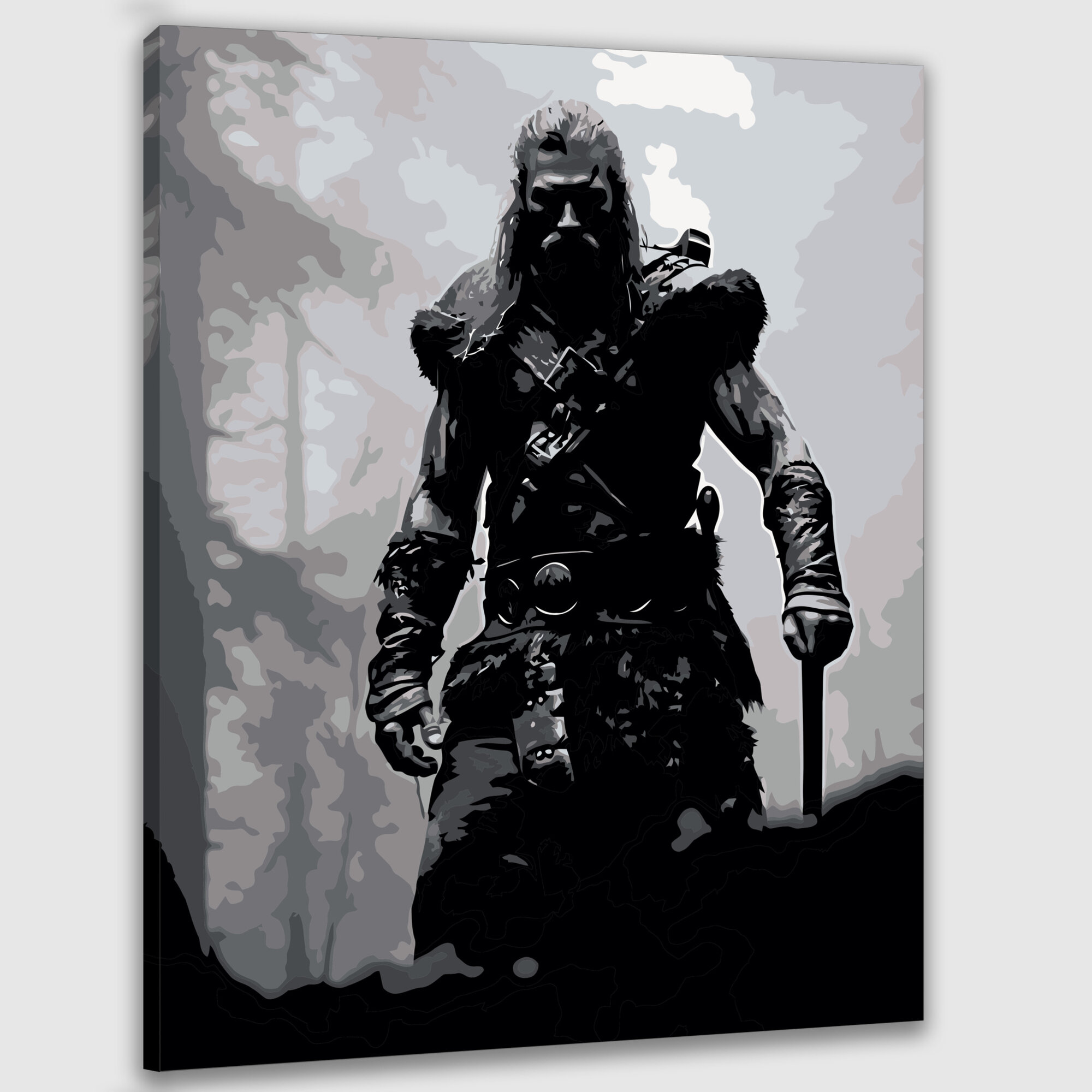 Картина по номерам 40x50 см, черно-белая фотография, реконструкция, Роковый берсерк, актер, доспехи, викинги, тайны