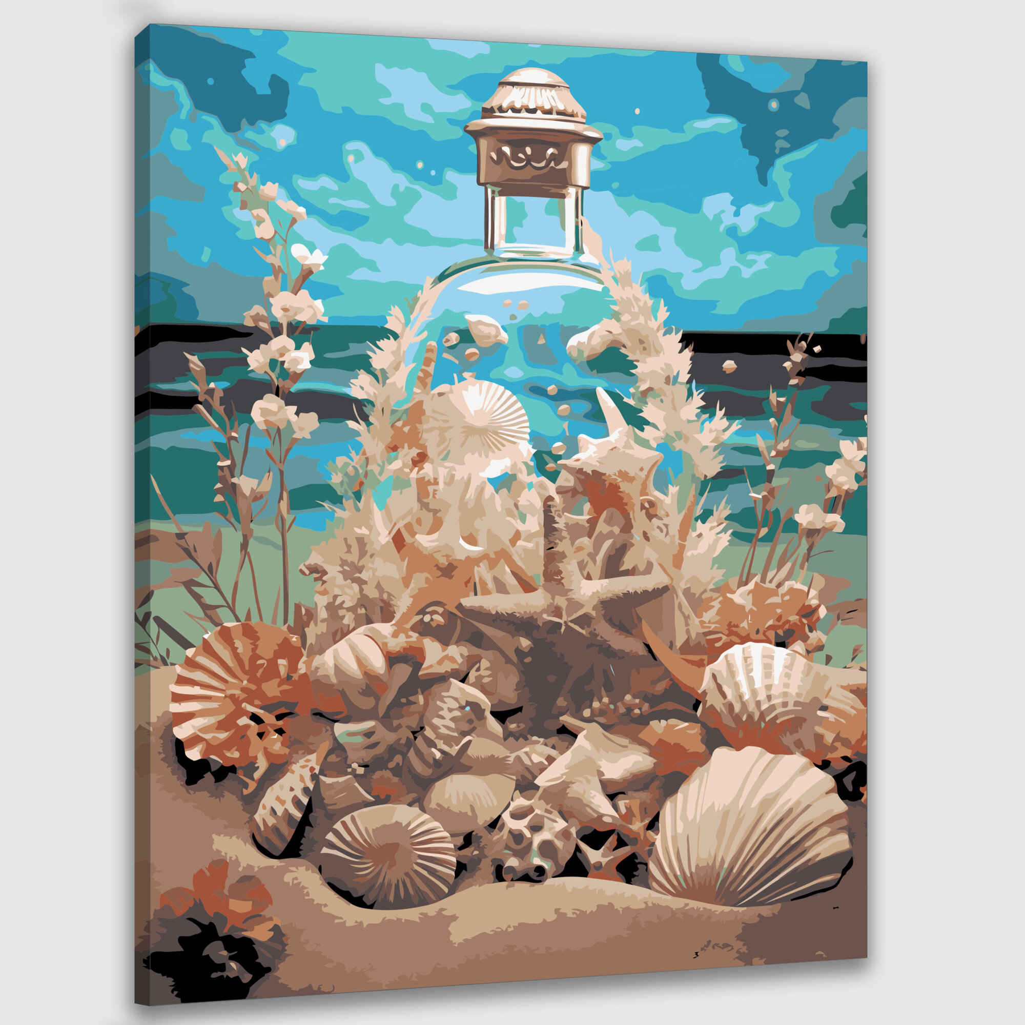 Картина по номерам 40x50 см, цифровой коллаж, волшебное пляжное зелье, ракушки, морские звезды, коралловые рифы