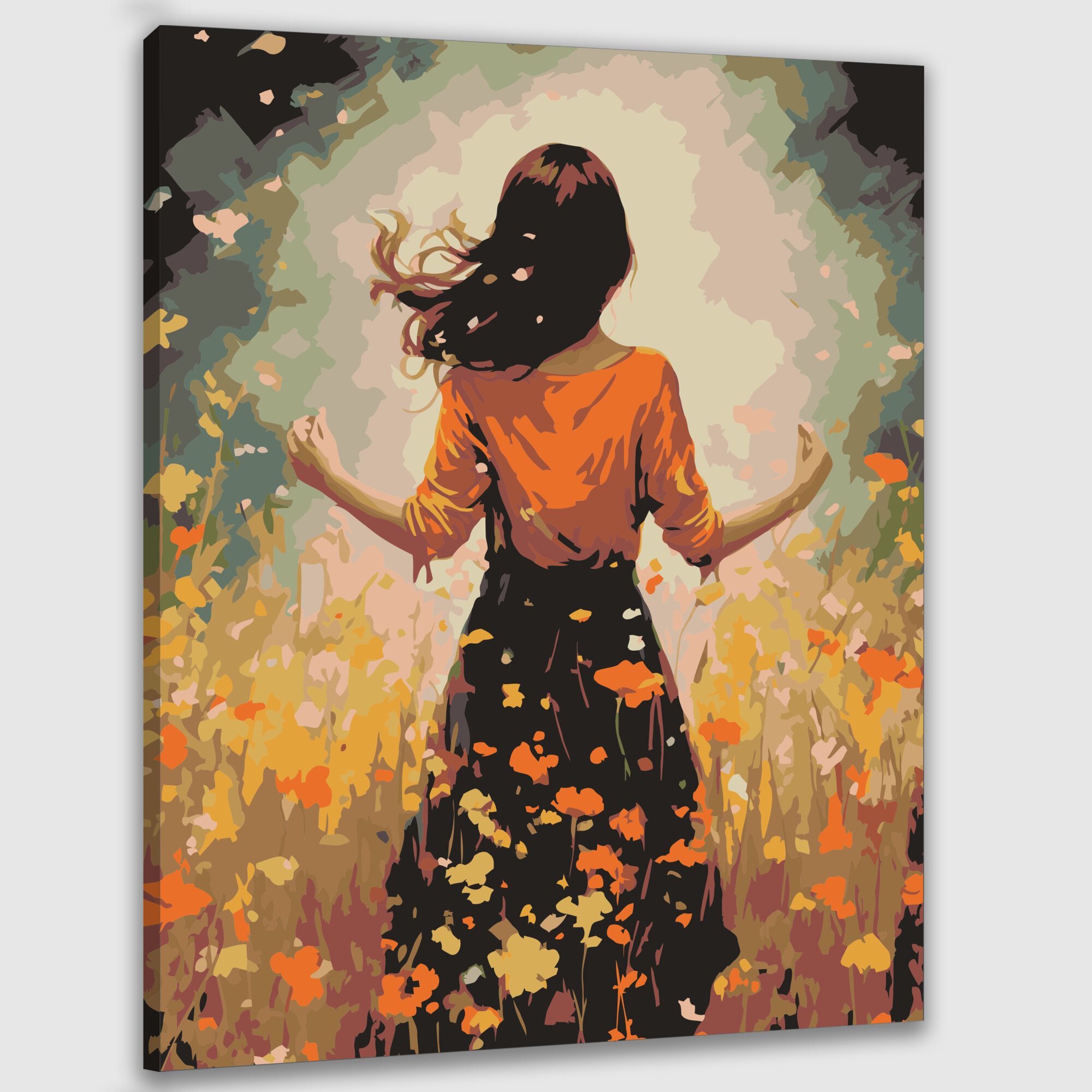 Картина по номерам 40x50 см, картина маслом, девушка, спина, руки, небеса, поле, цветы, лепестки, кисть, художник