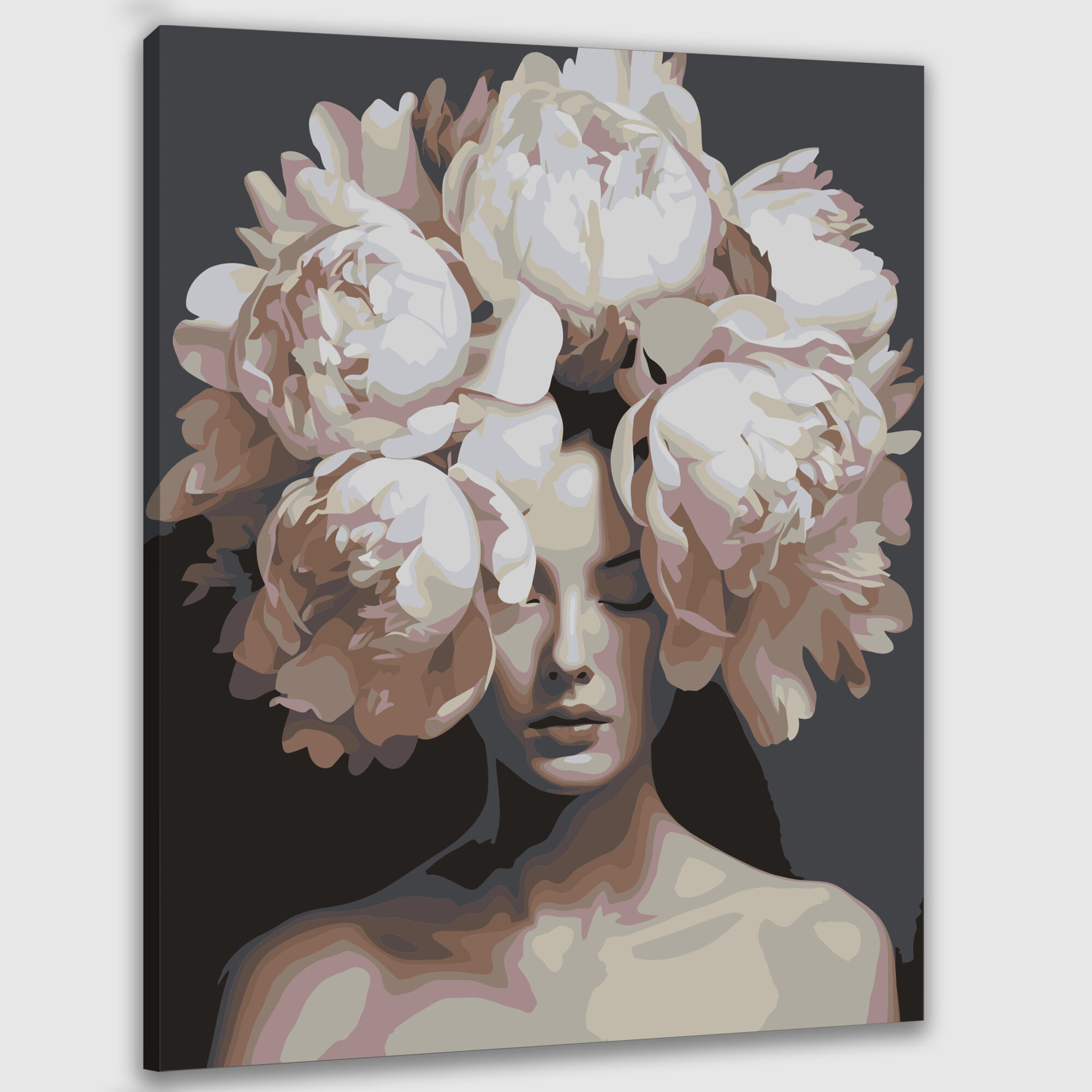 Картина по номерам 40x50 см, пионы, лицо, техника, ракурс, цветочный панк