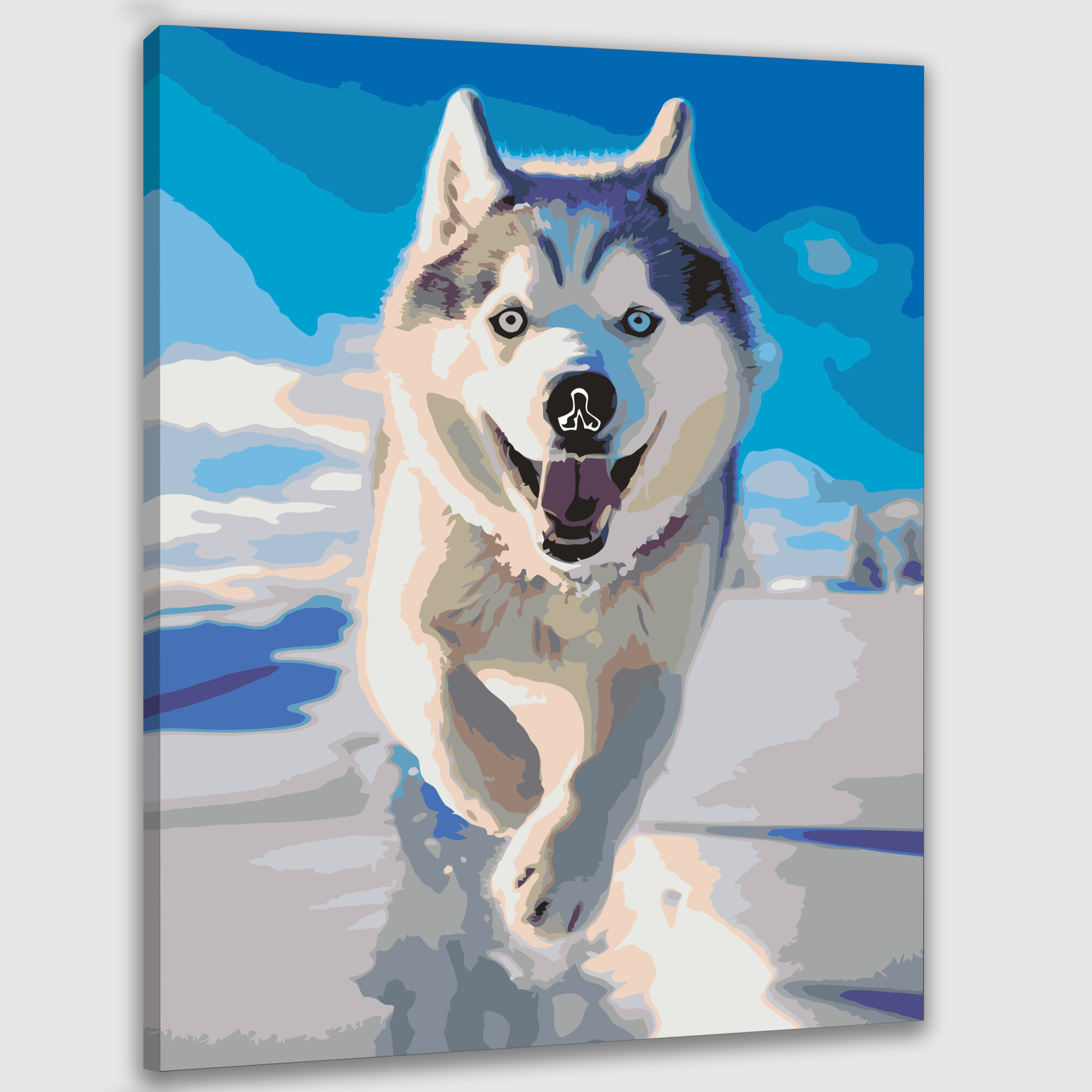 Картина по номерам 40x50 см, хаски, скачущая, заснеженное поле, мощные шаги, шлейф пыли, голубые тона неба, белый снег
