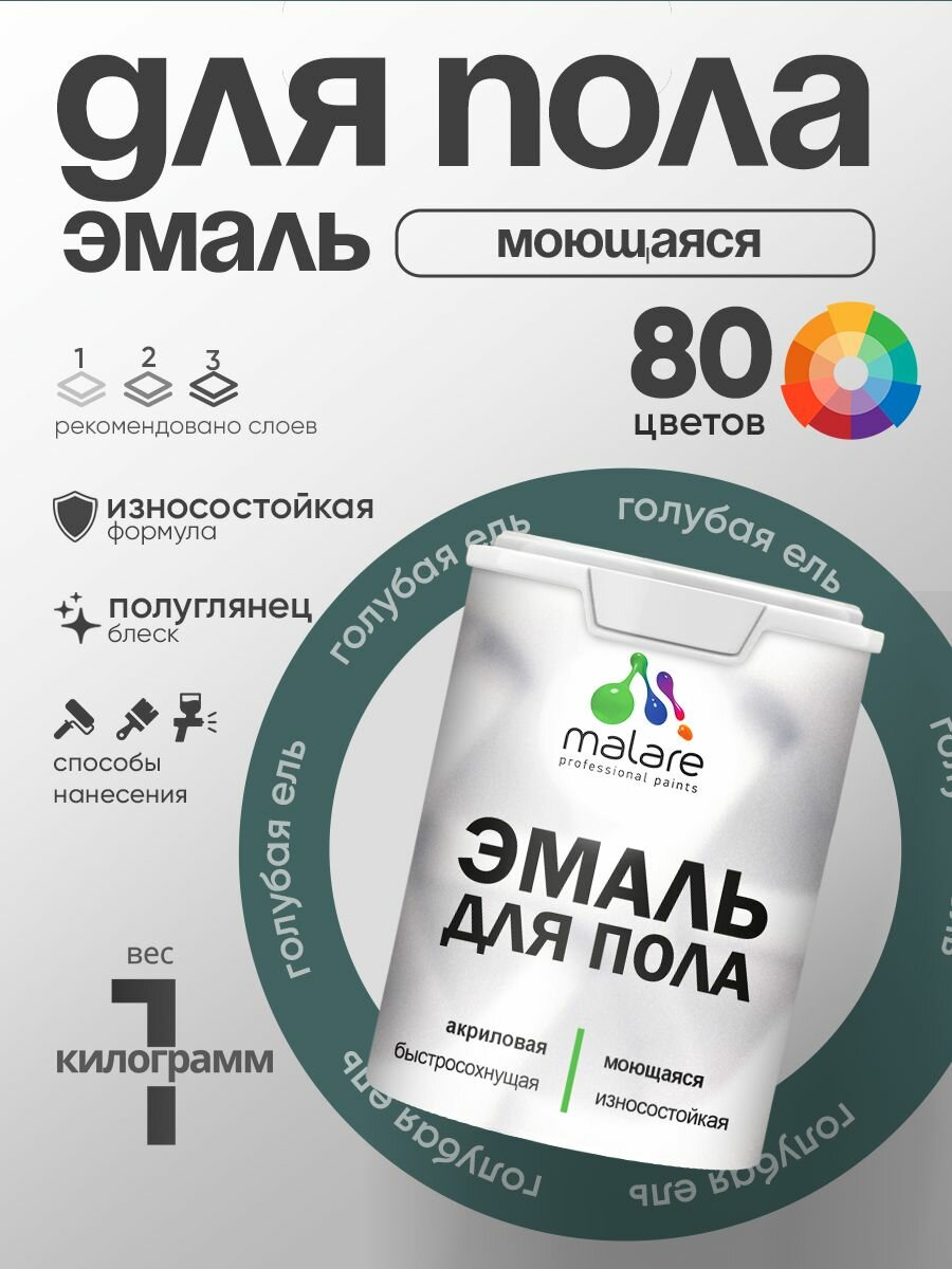 Эмаль Malare для пола акриловая, экологичная без запаха, износостойкая, быстросохнущая, моющаяся, полуглянцевая, голубая ель, 1 кг