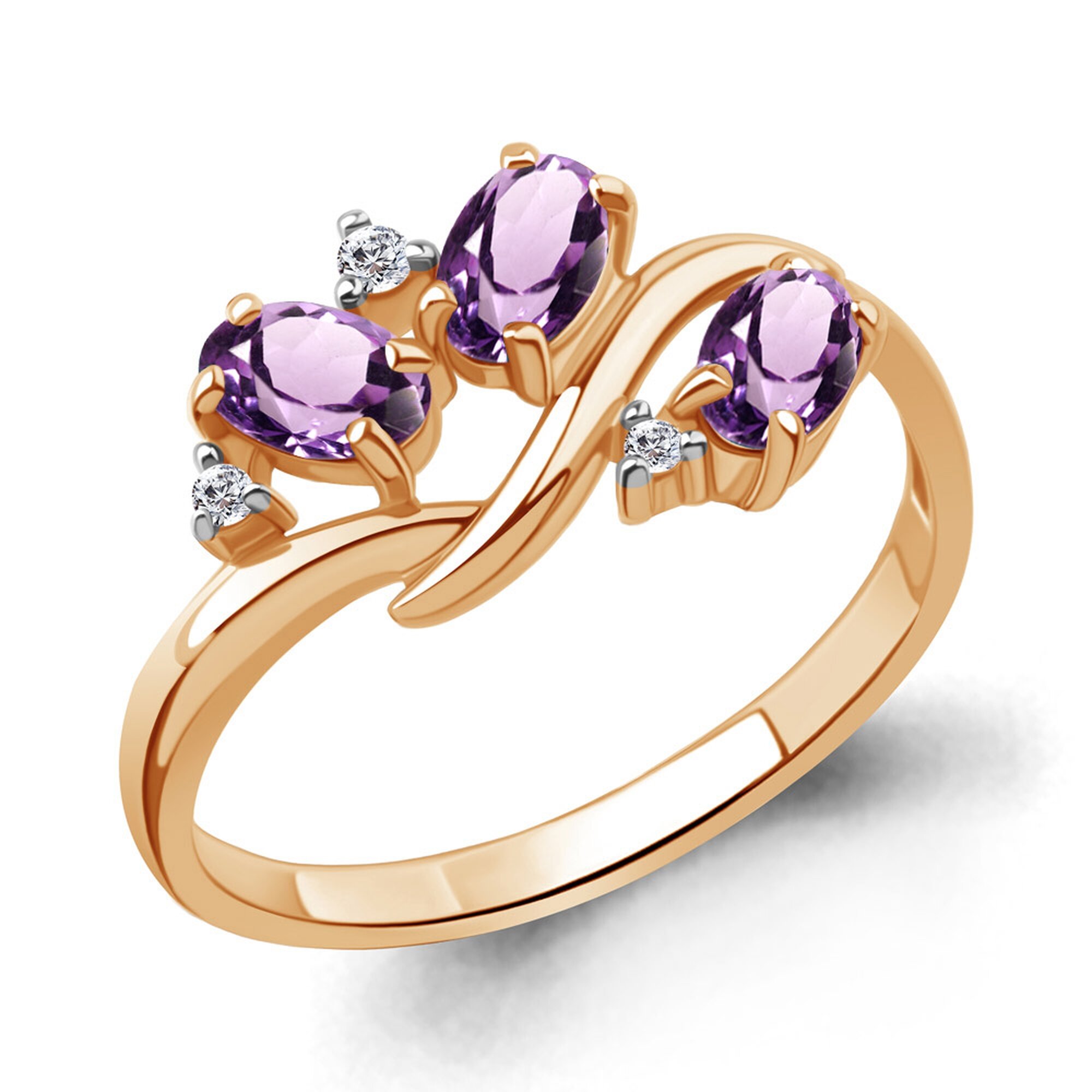 Кольцо, серебро, 925 проба, золочение, аметист, фианит