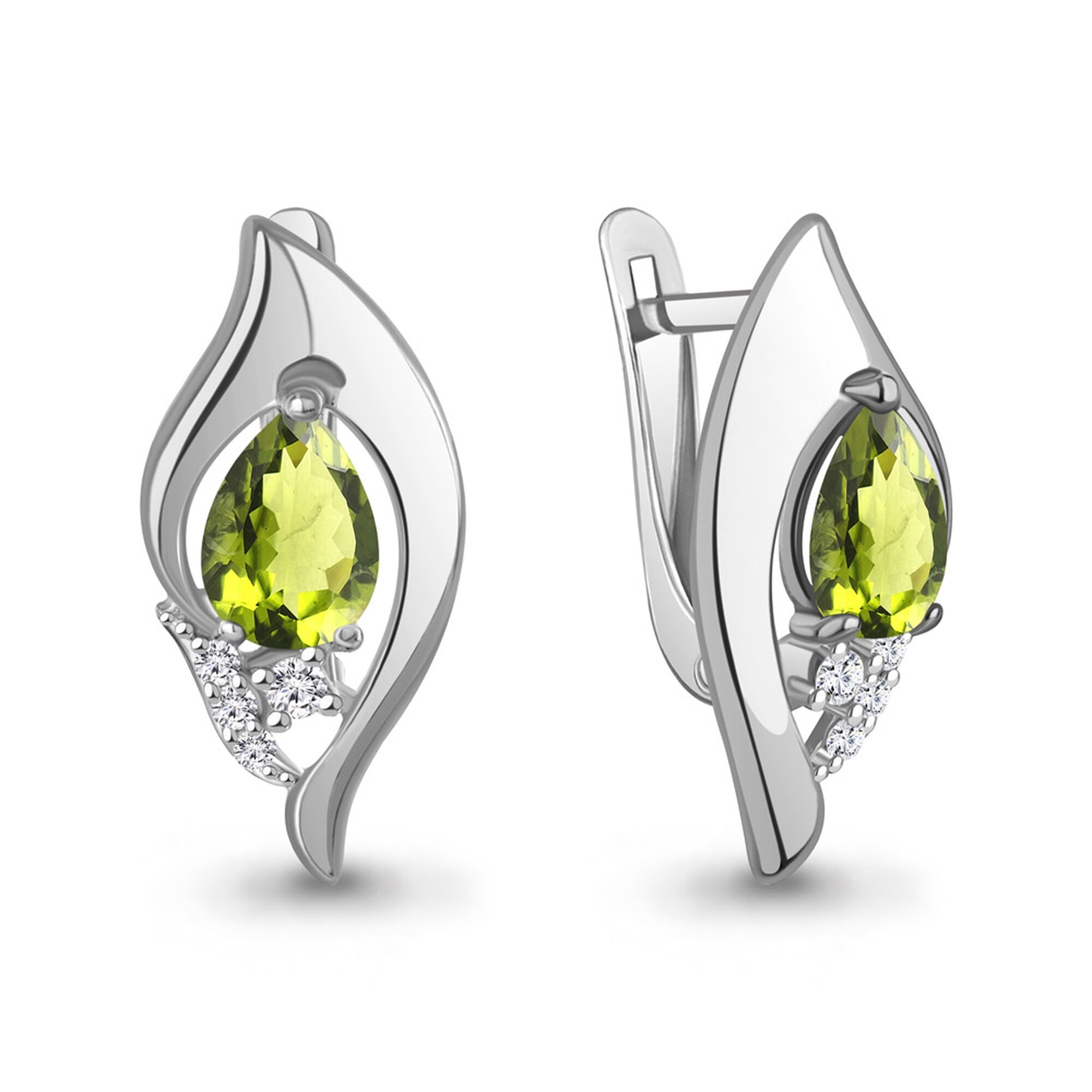 Серьги, серебро, 925 проба, родирование, хризолит, фианит