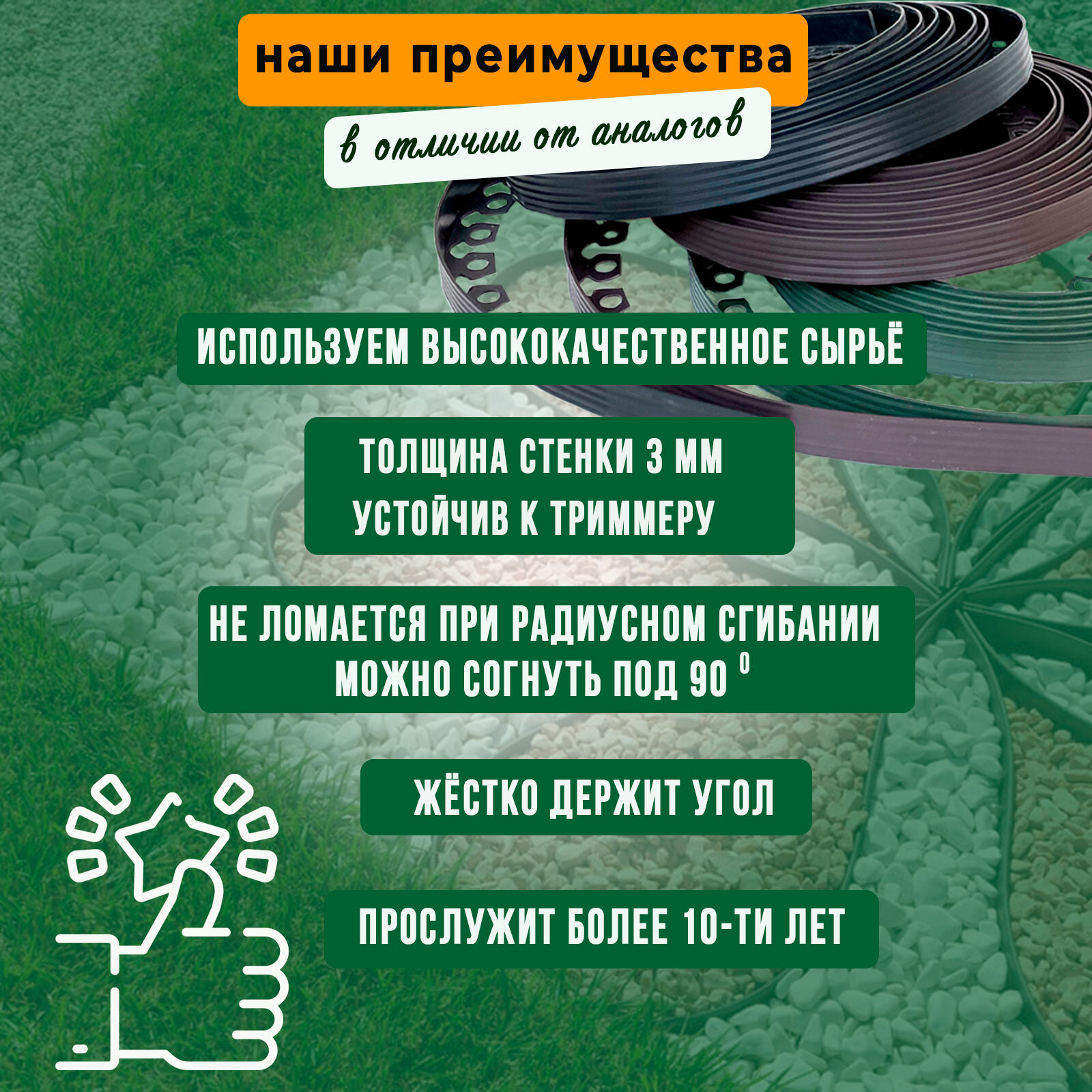 Бордюр садовый пластиковый Манго ГеоПластБорд, высота 38 мм, 10 метров +30 кольев, чёрный