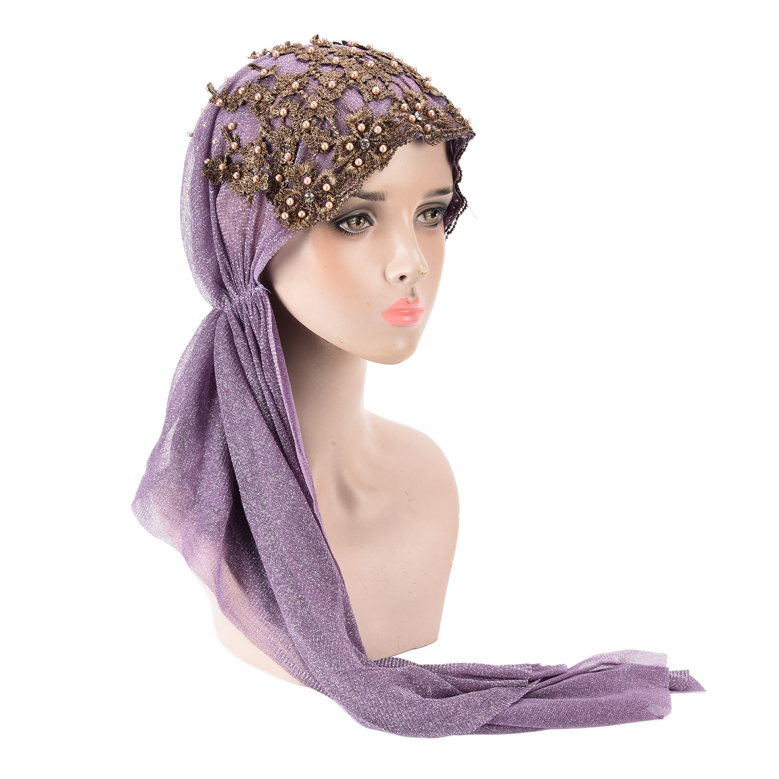 Тюрбан модный уникальный женский выдвижной ретро бисерный бандаж мусульманский длинный шарф шапка фиолетовый