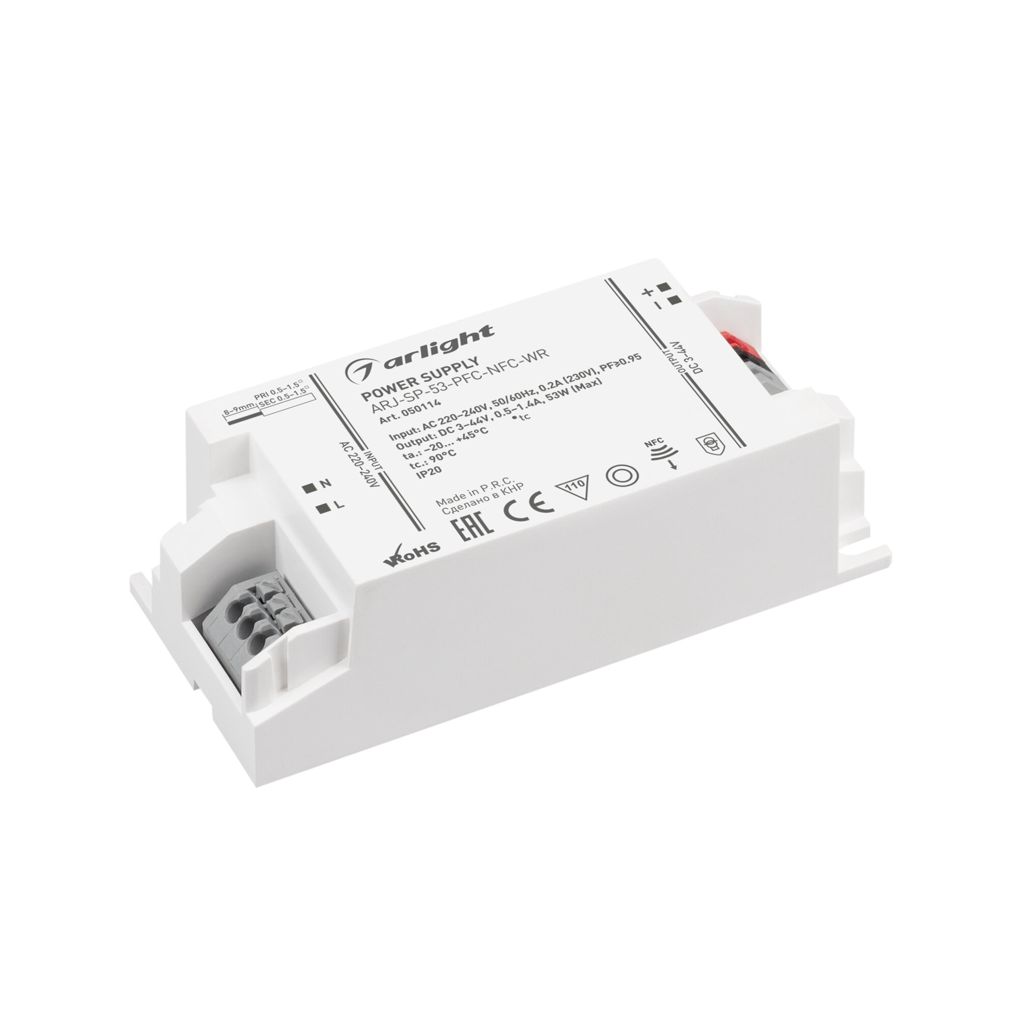 Диммируемый источник тока Arlight Блок питания ARJ-SP-53-PFC-NFC-WR (53W, 3-44V, 0.5-1.4A) (Arlight, IP20 Пластик, 5 лет)