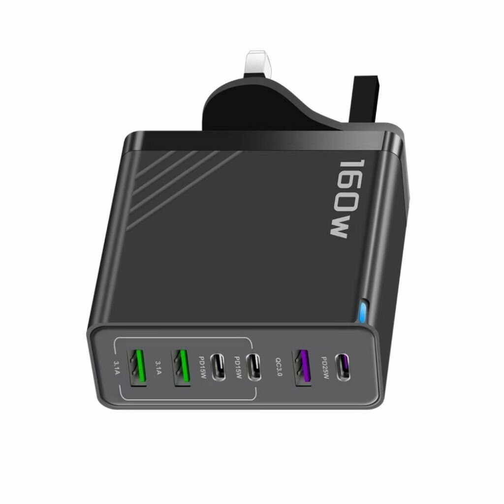 Многопортовое зарядное устройство для быстрой зарядки PD мощностью 160 Вт 3USB + 3TYPE C-Британский стандарт-черный