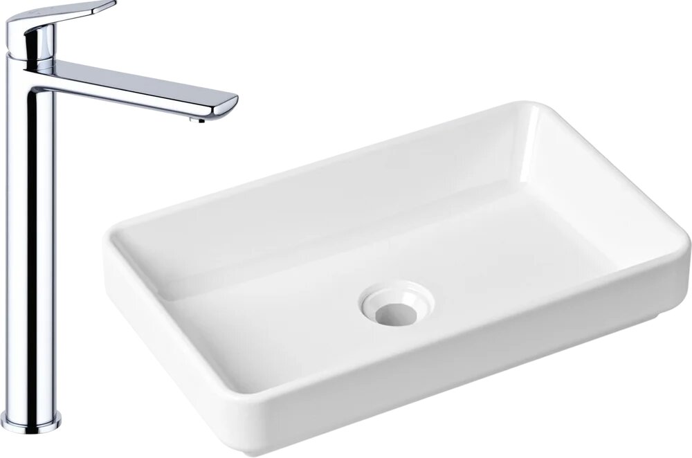 Комплект 2 в 1 Накладная раковина Lavinia Boho Bathroom Sink Slim 33311004 55 глянцевая белая / Смеситель Wellsee ONCE! and forever 182406000, хром