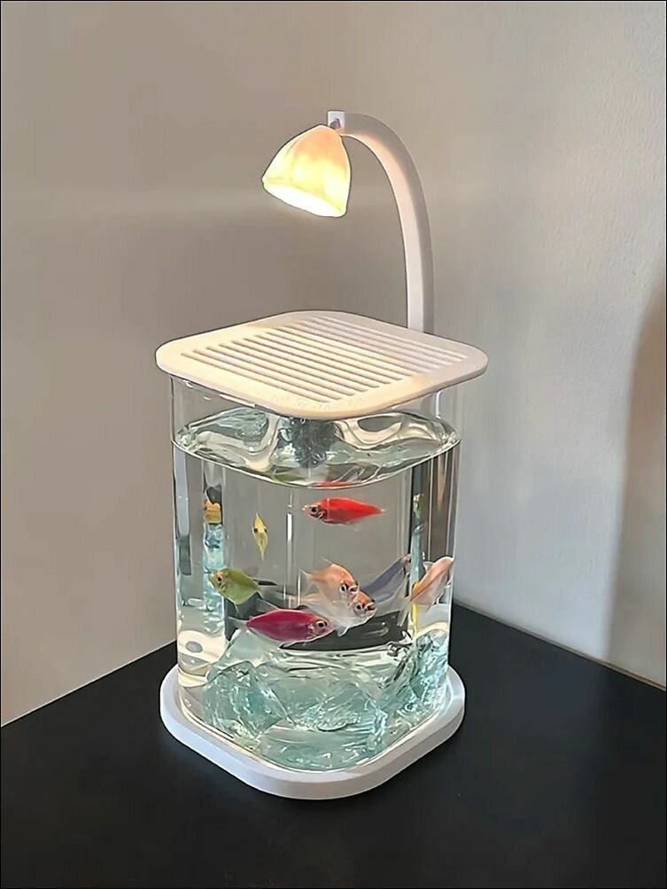 Набор аквариума для петушков "Ледяная синева" - мини-аквариум из сверхпрозрачного стекла (10 10 15см + LED-подсветка + кристаллы)