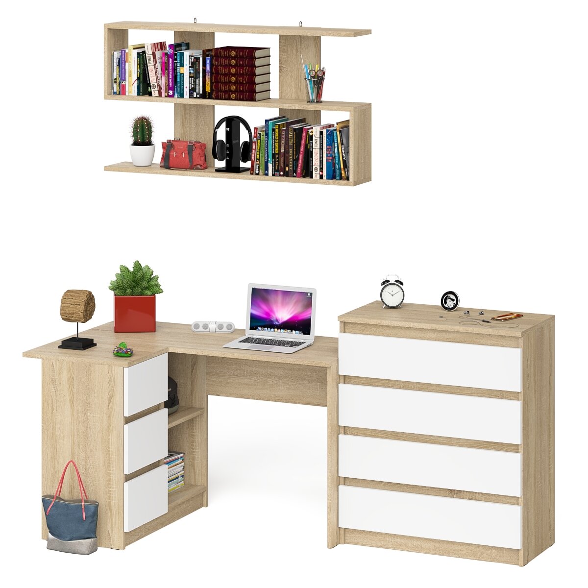 Стол компьютерный Мори МС-16 с 3 ящиками слева с книжной полкой и комод 4 ящика, дуб сонома/белый, 204,8х84,9х209,6 см.