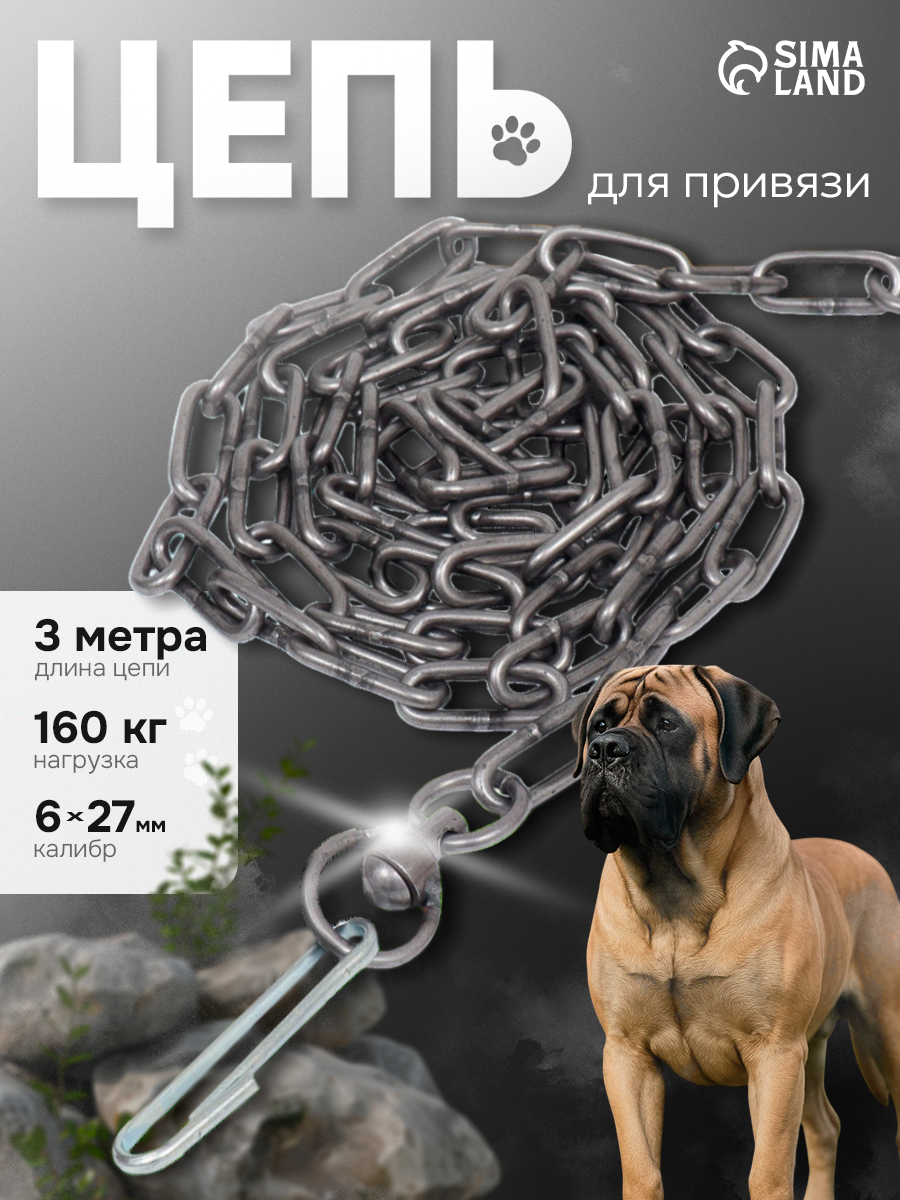Цепь для привязи собак 3 метра, калибр 6 мм х 27 мм, цвет черный