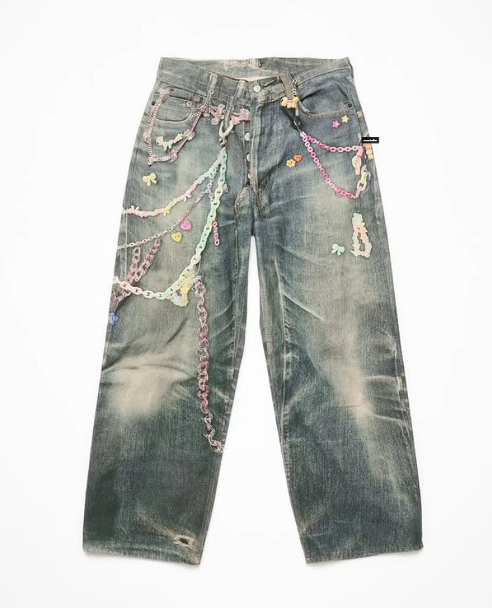 Тренд RONG CH Унисекс Джинсы Потертые Водный Паттерн Винтаж Широкие Деним, Размер_M