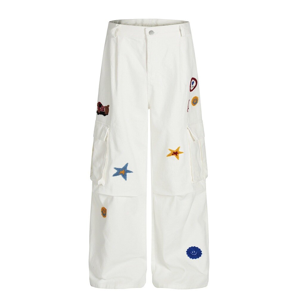 MON Унисекс Джинсы Американские Винтаж Стиральные Стрейт Свободные Широкие Деним, Размер_M