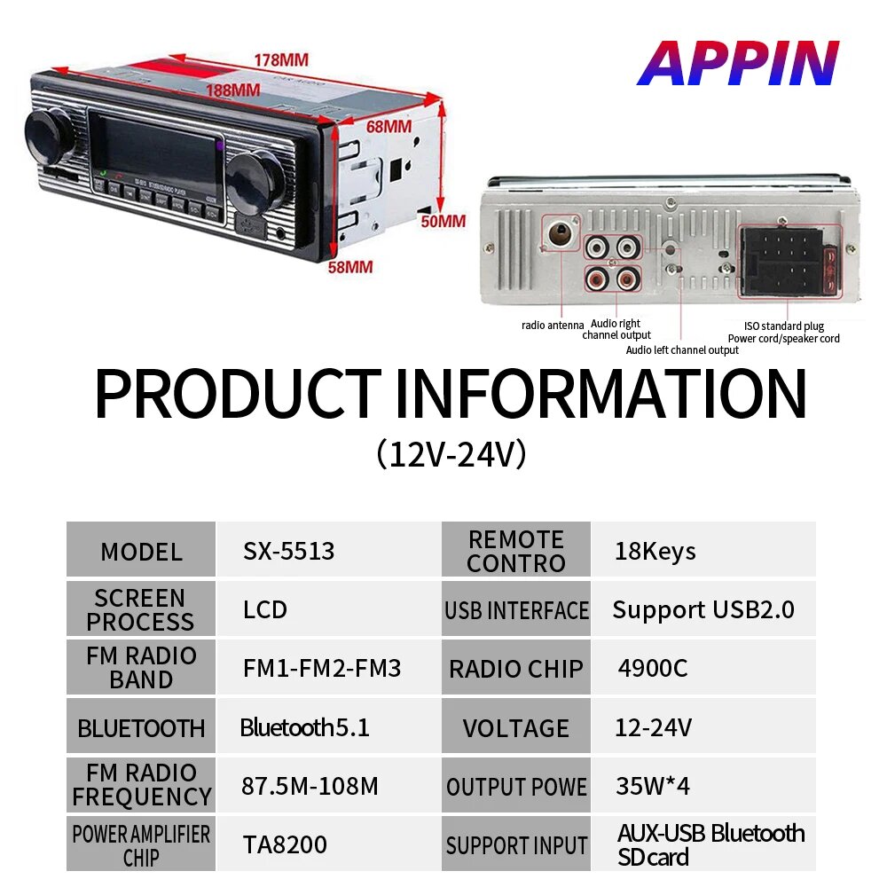 Автомобильный Mp3-плеер с Bluetooth 5513, ретро стерео мультимедийное радио, аудиовызов, громкая связь, Aux/USB/Sd Card Machine, 12 В-24 В, грузовик 12V-24V Universal