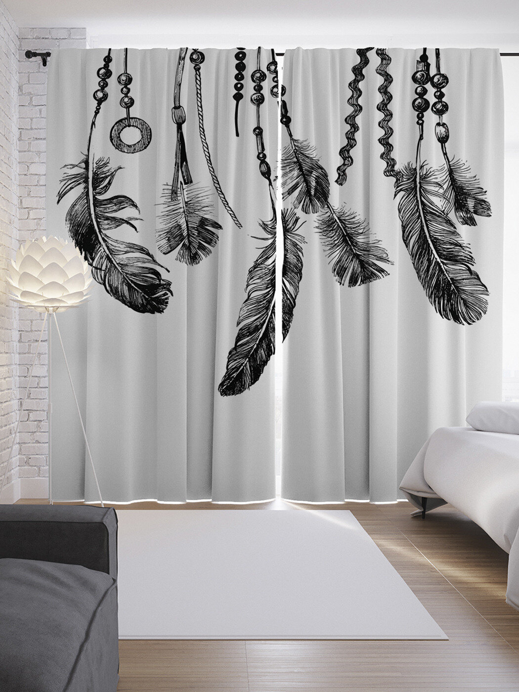 Фотошторы в спальню "Тоскующие перья", 2 полотна шириной по 145 см, высота 265 см, JoyArty