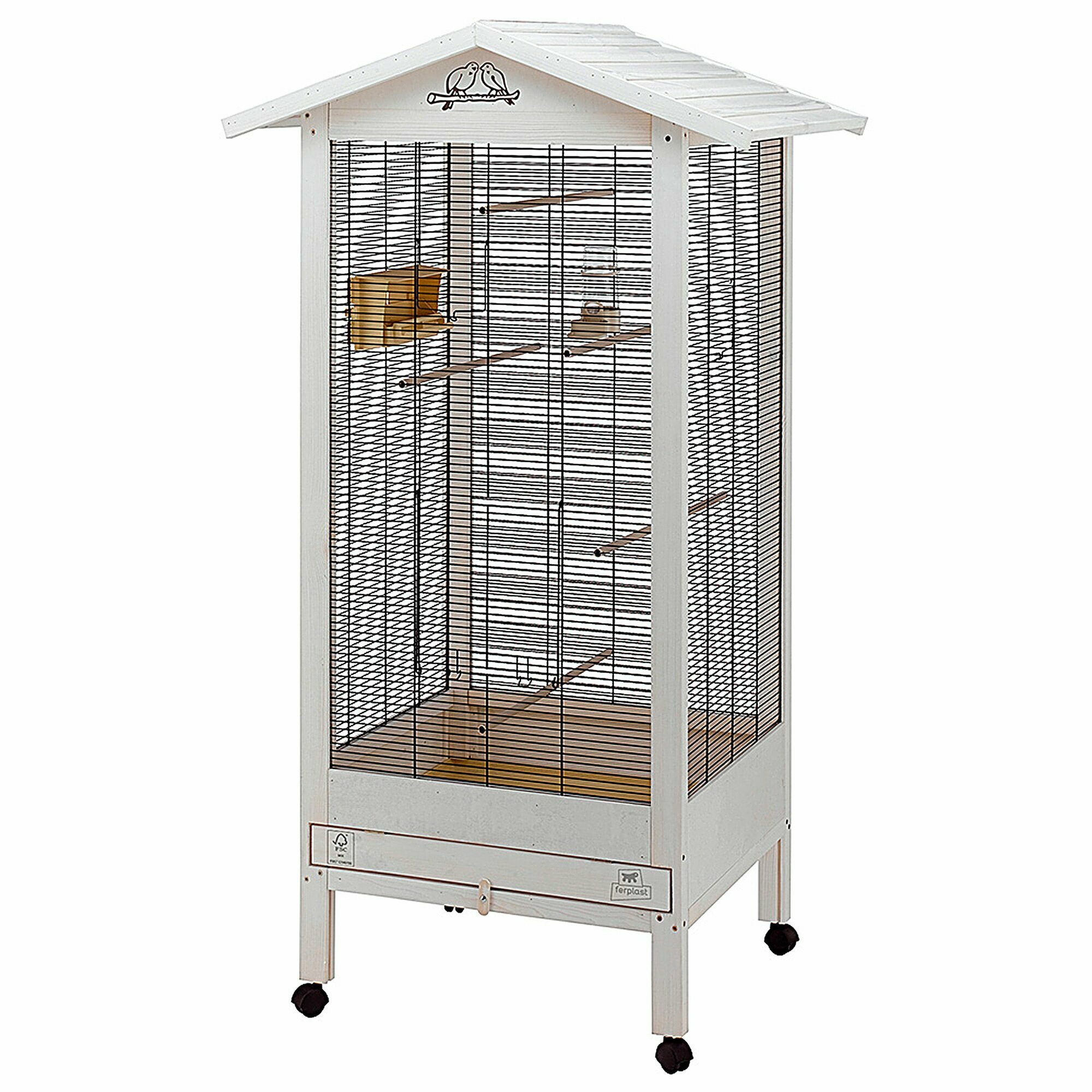 Вольер для мелких птиц HEMMY деревянный с колесами и аксессуарами черная решетка 84x65x165 см
