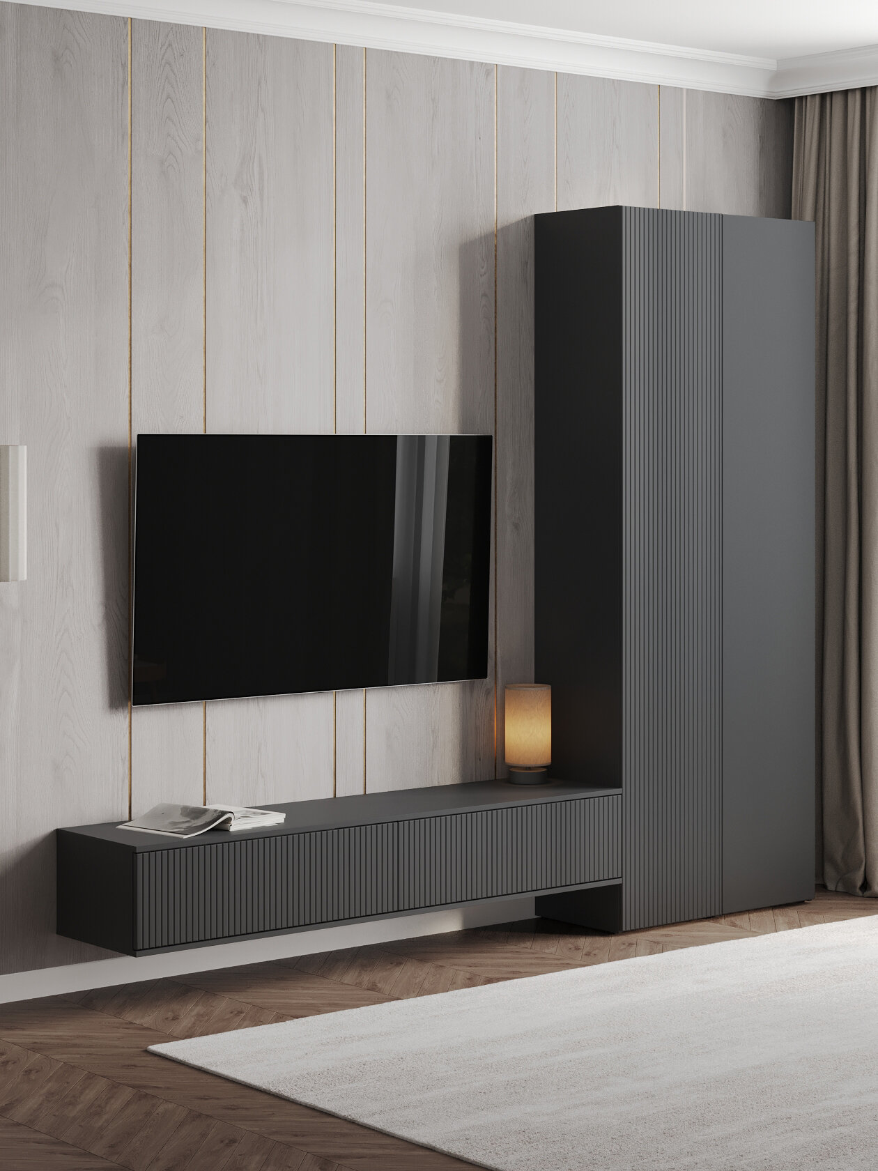 Гостиная комплект Амели Стандарт, тумба под телевизор, шкаф-пенал 2 шт, 270.2х41.6х231 см, Черный графит