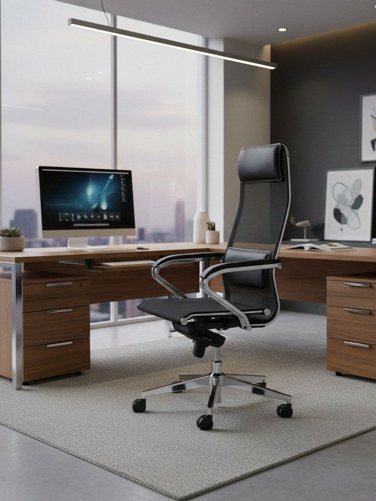 Компьютерное кресло TetChair черное, сетка и кожзам, с подголовником и поясничной поддержкой