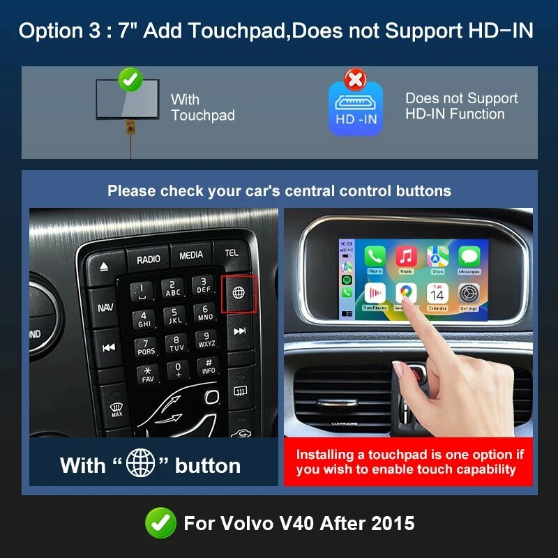 Беспроводной CarPlay для Volvo V40 2015-2019, 7-дюймовый экран, интерфейс Android Add a Touchpad