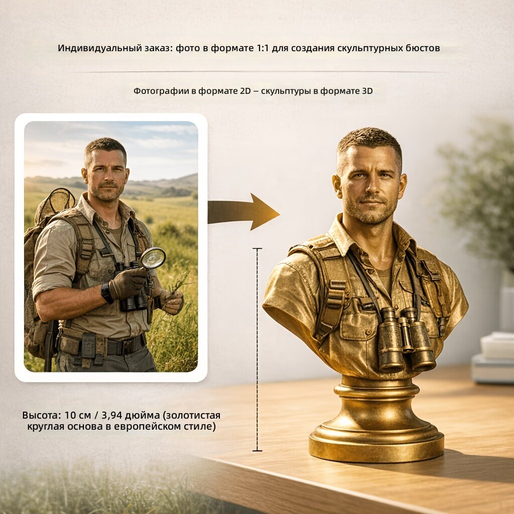 Профессиональная скульптурная модель головы золотистого цвета, гладкая поверхность под покраску, трехмерная реалистичная детализация