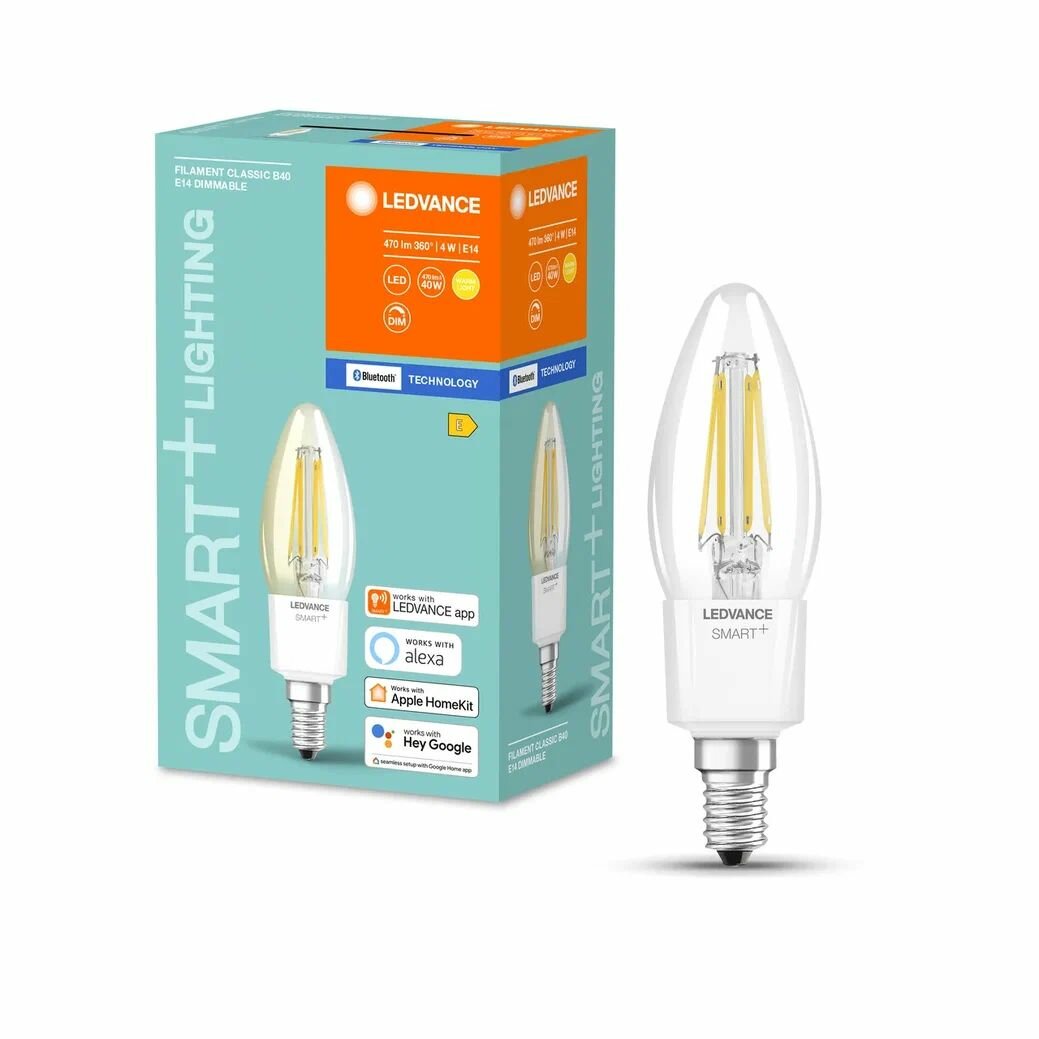Умная лампочка светодиодная филаментная LEDVANCE / OSRAM SMART+ A, E14, 4Вт, 2700К, 470лм, теплый свет, диммируемая