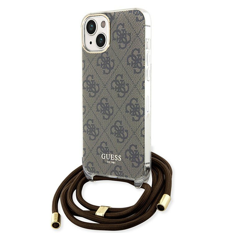 Guess чехол со шнурком для iPhone 15, Crossbody PC/TPU с узором 4G коричневый