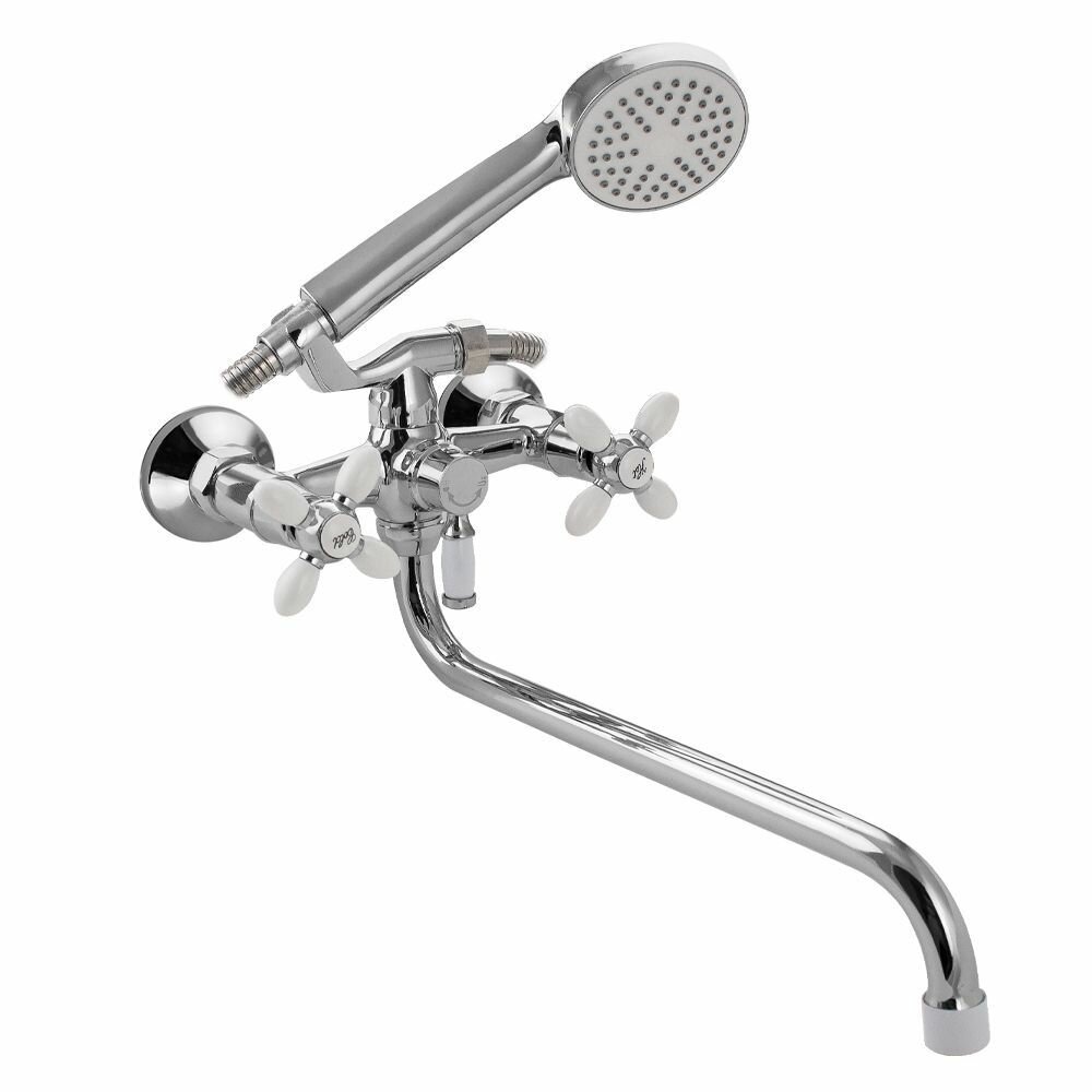 Серп и молот - Смеситель в ванную длинный излив, с белыми вставками, металлокерамика