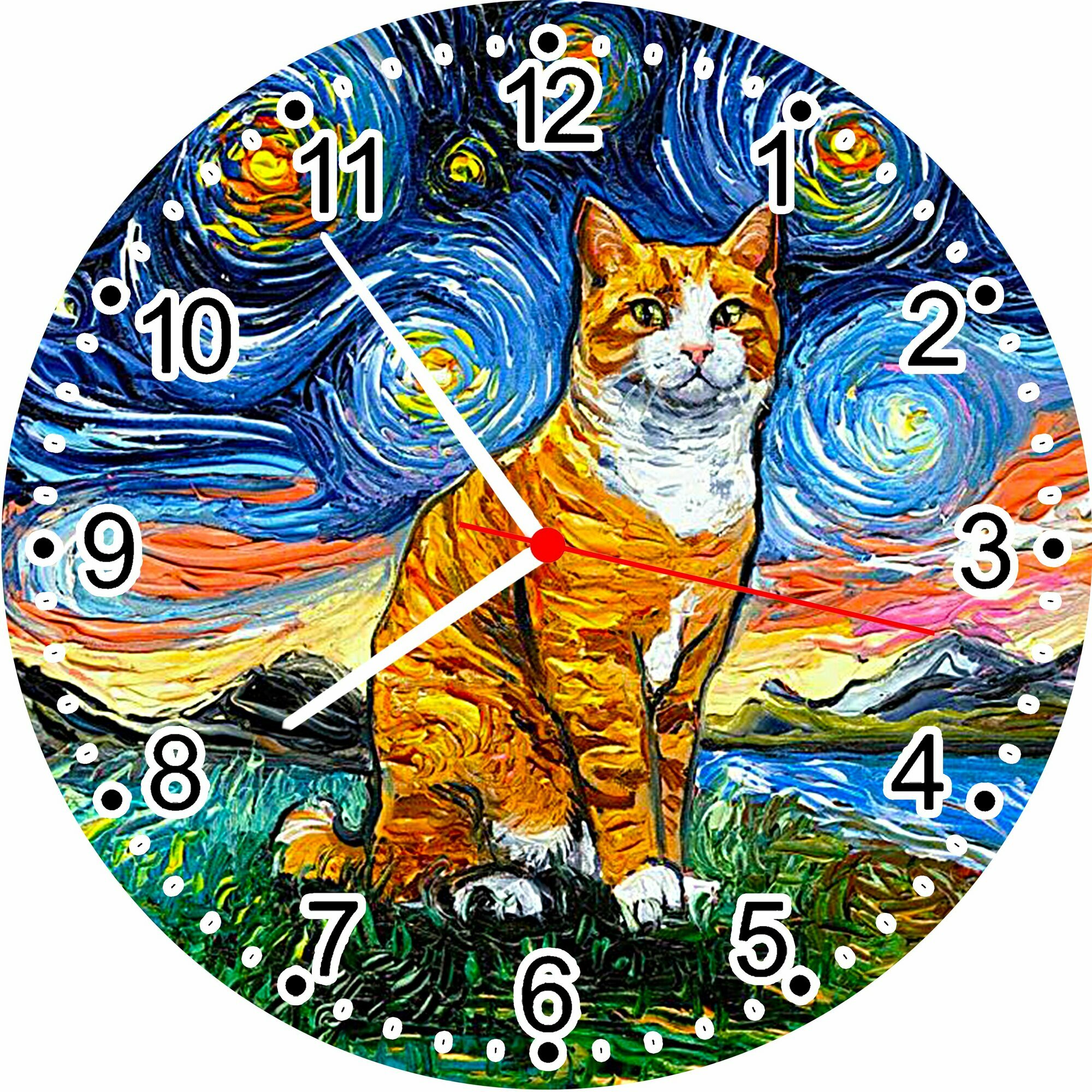 Кот удивительный /Ван Гог/Картина/ /Кошка/ Часы из древесины прессованной (МДФ) D-27 см - 5 мм, Настенные и Настольные с подставкой в комплекте , бесшумные, поднимающие настроение, Уникальные, Авторские, стильные, оригинальные, Эксклюзив