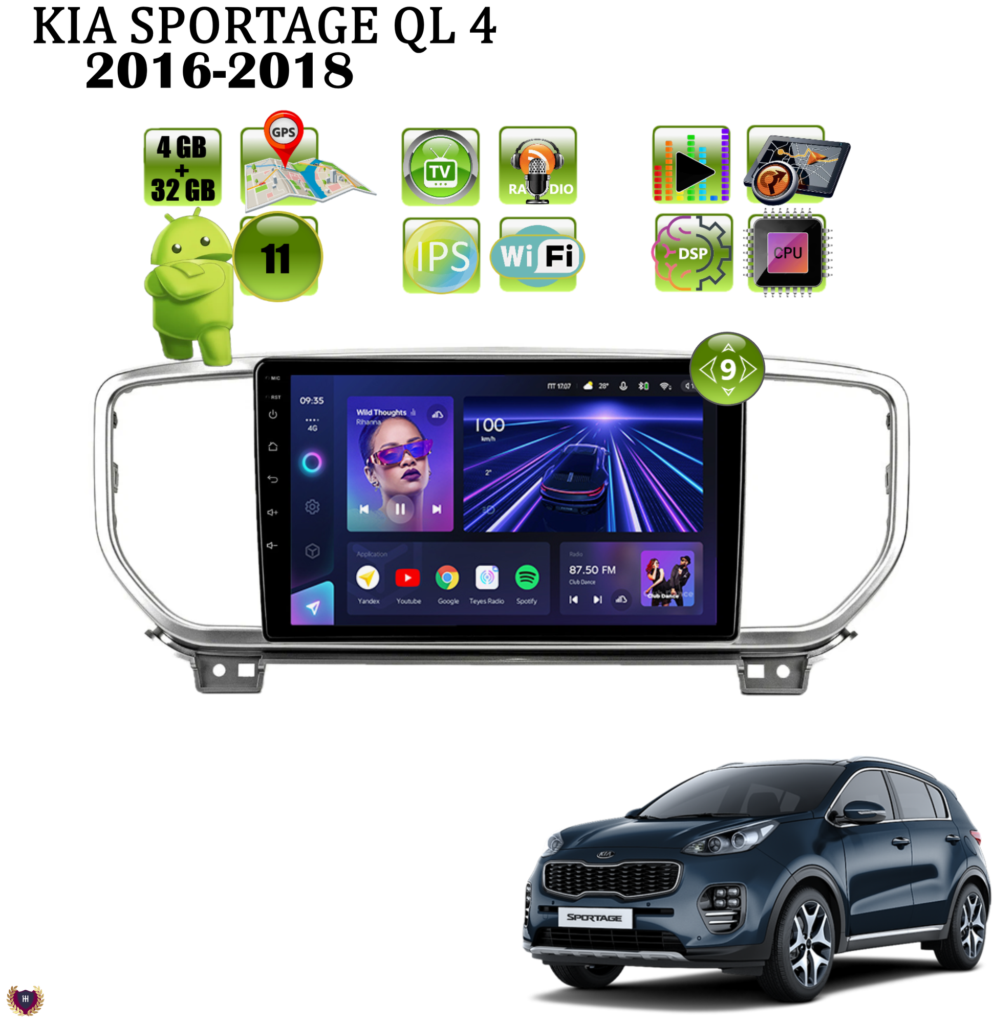 Автомагнитола на KIA Sportage 4 QL (2016-2018), Android 11, 4/32 Gb, CarPlay, Wi-Fi, Bluetooth, поддержка кнопок на руле